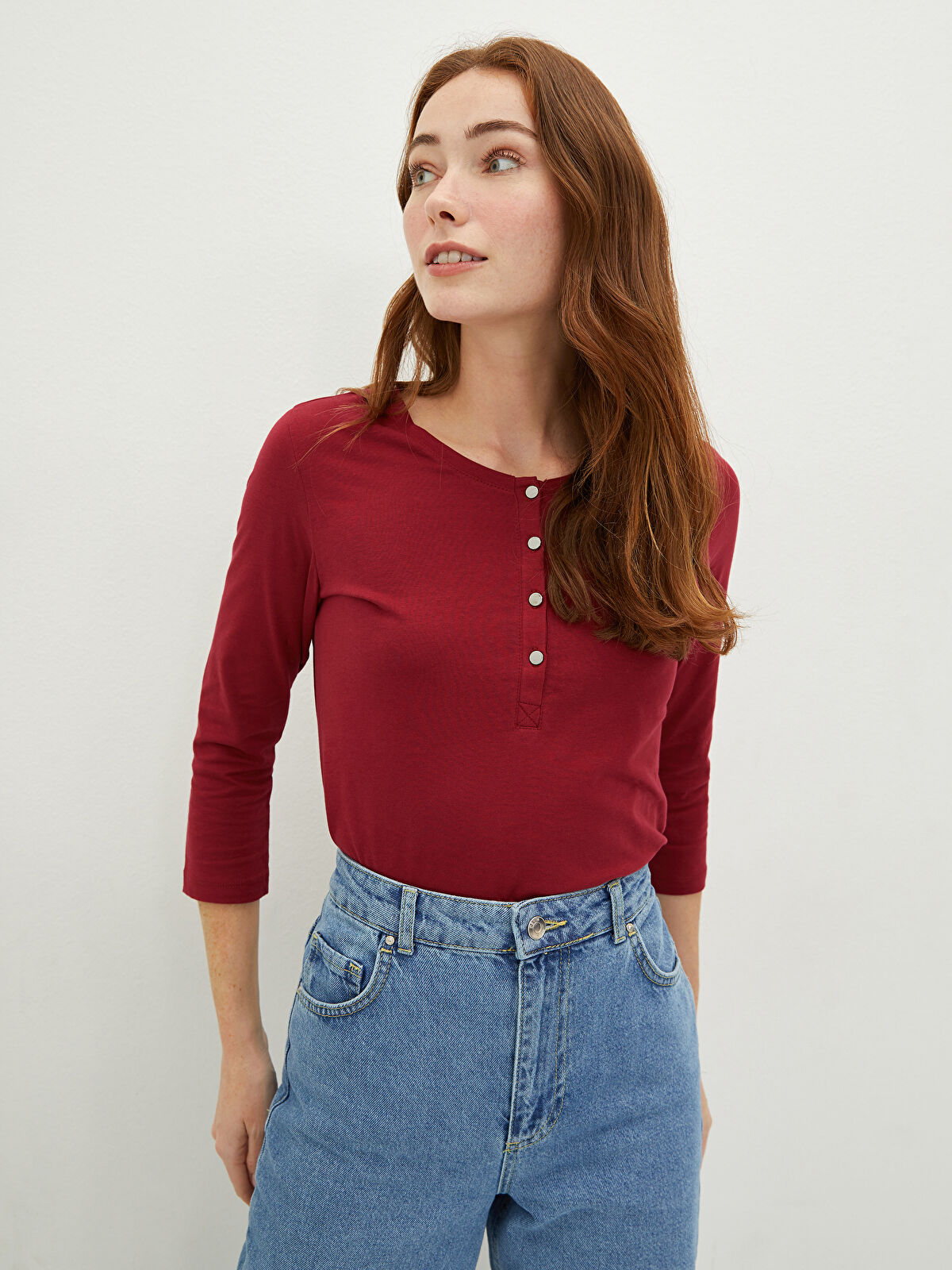 Bisiklet Yaka Düz Düğme Detaylı Pamuklu Kadın Bluz