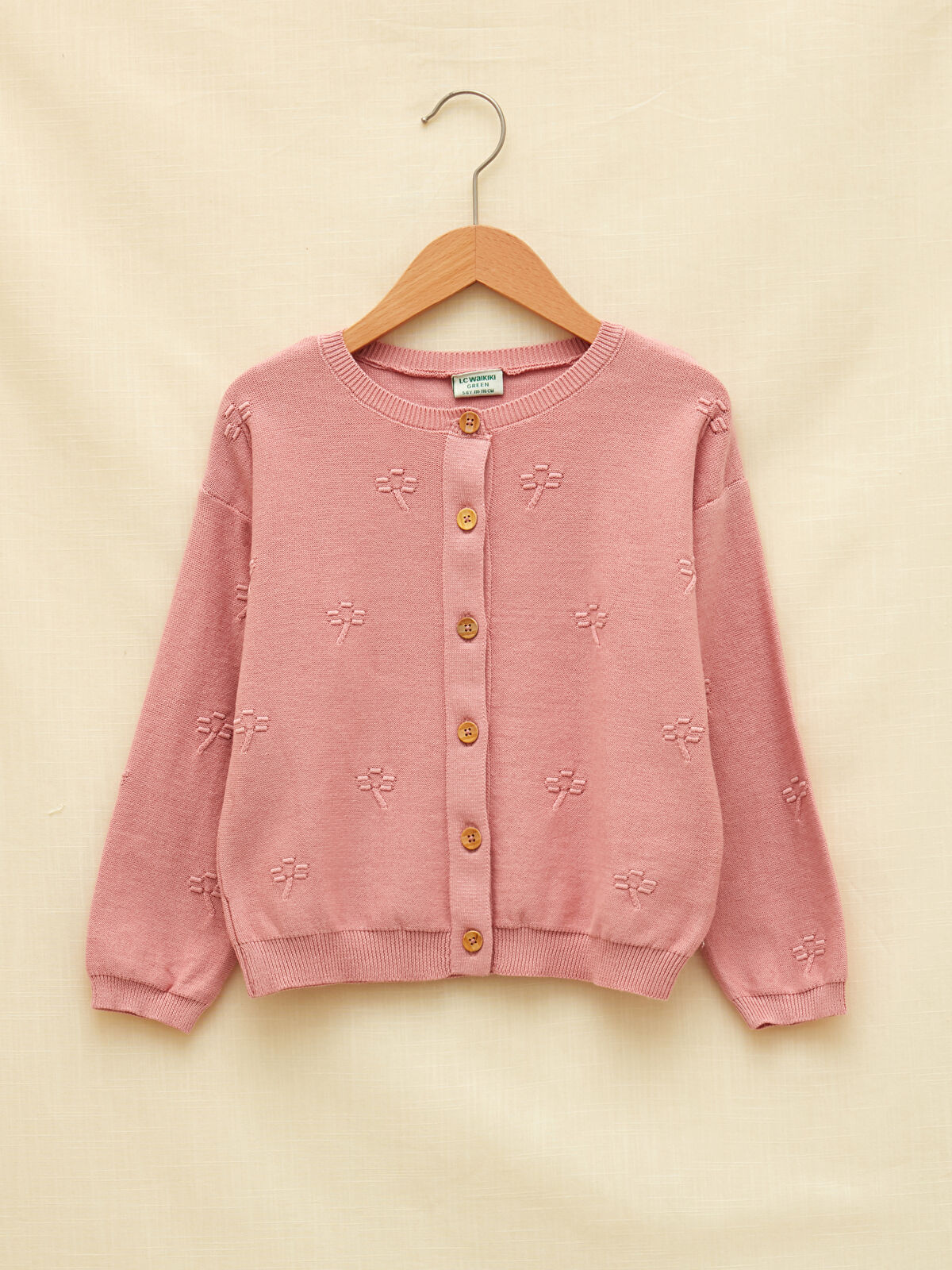 LCW GREEN Bisiklet Yaka Kendinden Desenli Uzun Kollu Organik Pamuklu Kız Çocuk Triko Hırka