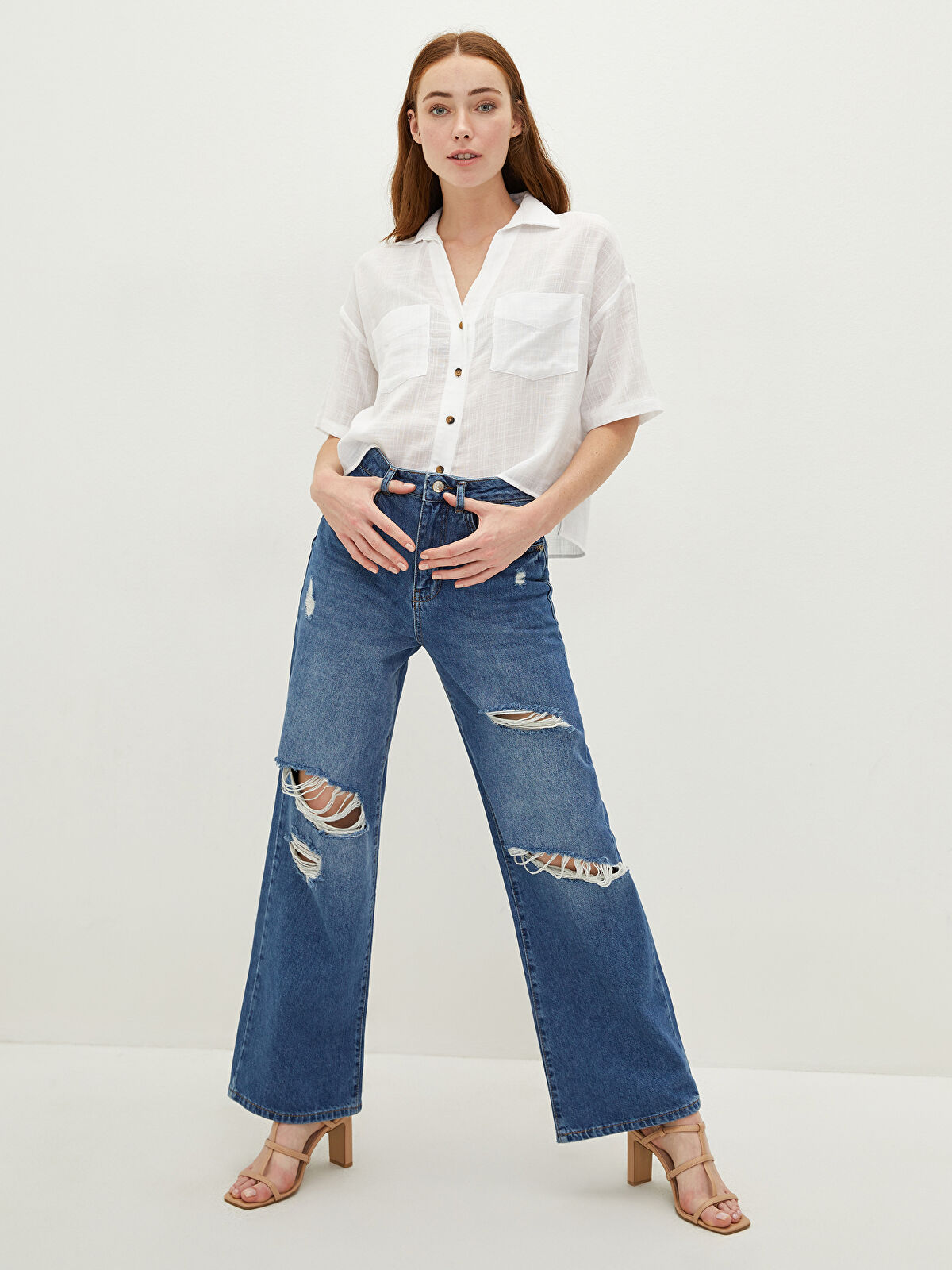 Yüksek Bel Bol Fit Yırtık Detaylı Kadın Rodeo  Jean Pantolon