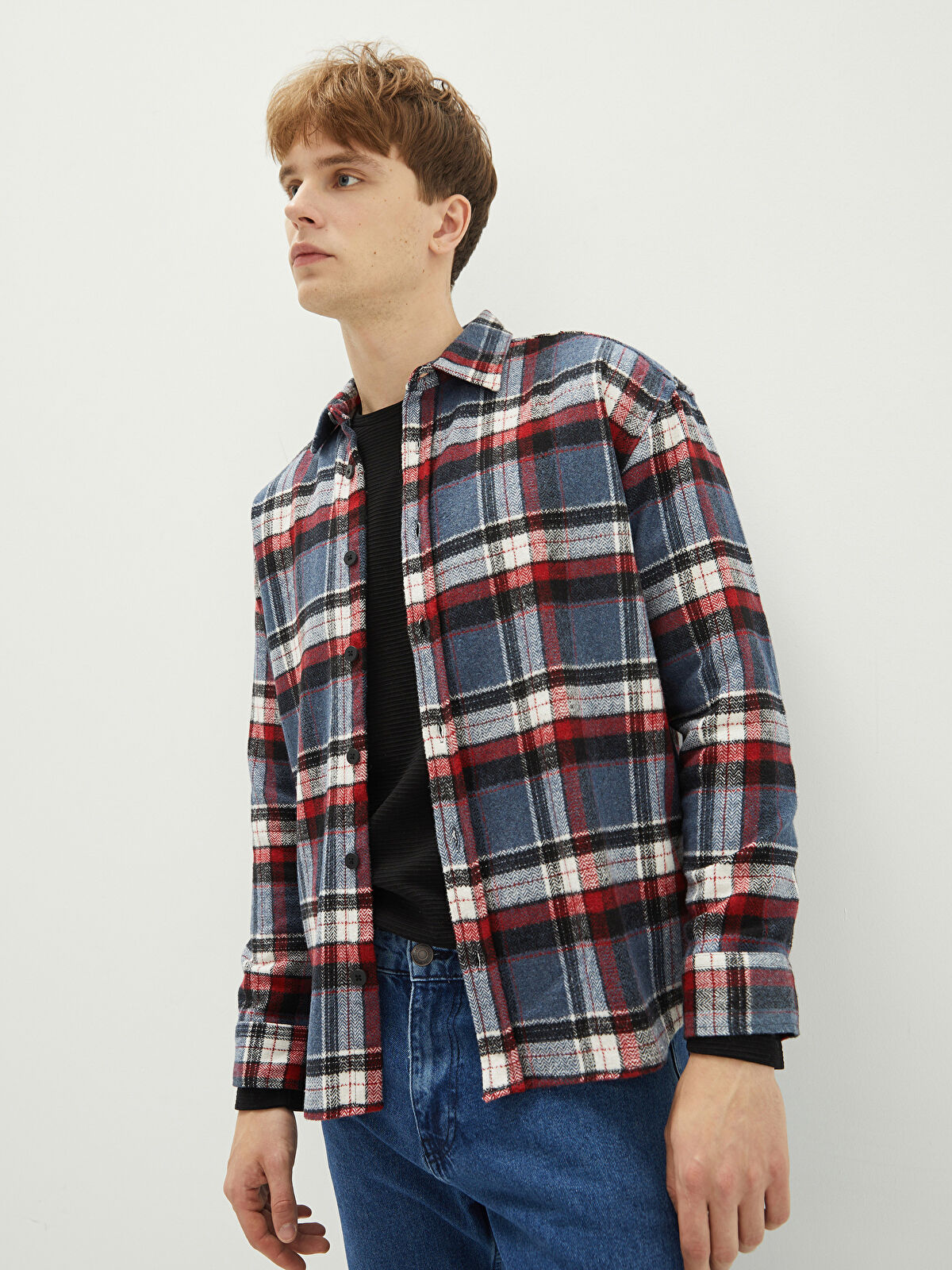 LCW CASUAL Oversize Uzun Kollu Gabardin Ekose Erkek Gömlek Ceket