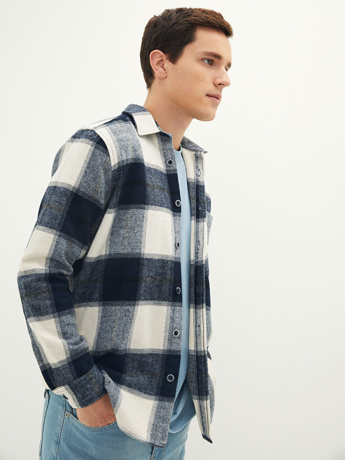 LCW CASUAL Regular Fit Uzun Kollu Ekose Gabardin Erkek Gömlek Ceket