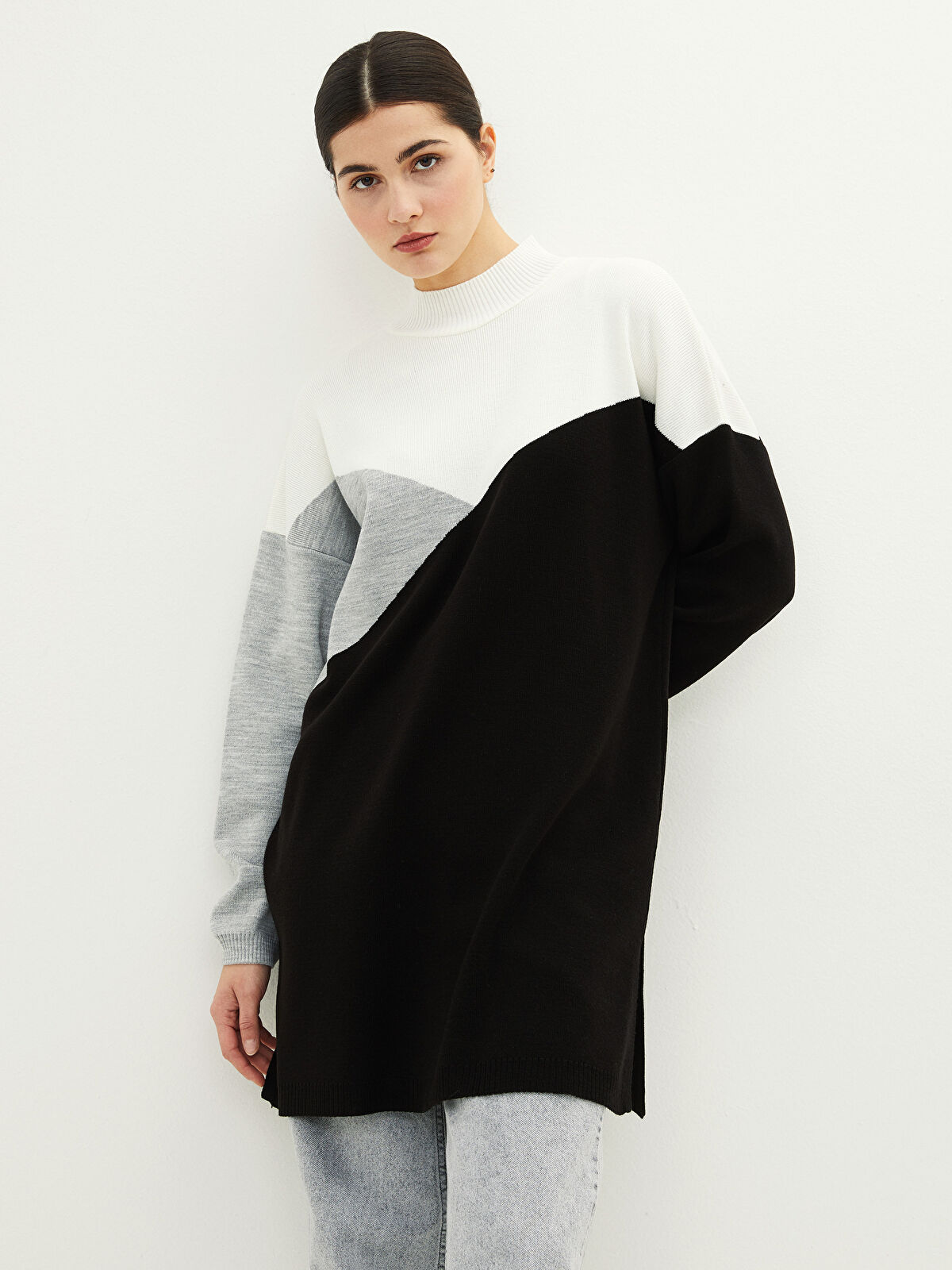 MODEST Yarım Balıkçı Yaka Renk Bloklu Uzun Kollu Kadın Triko Tunik