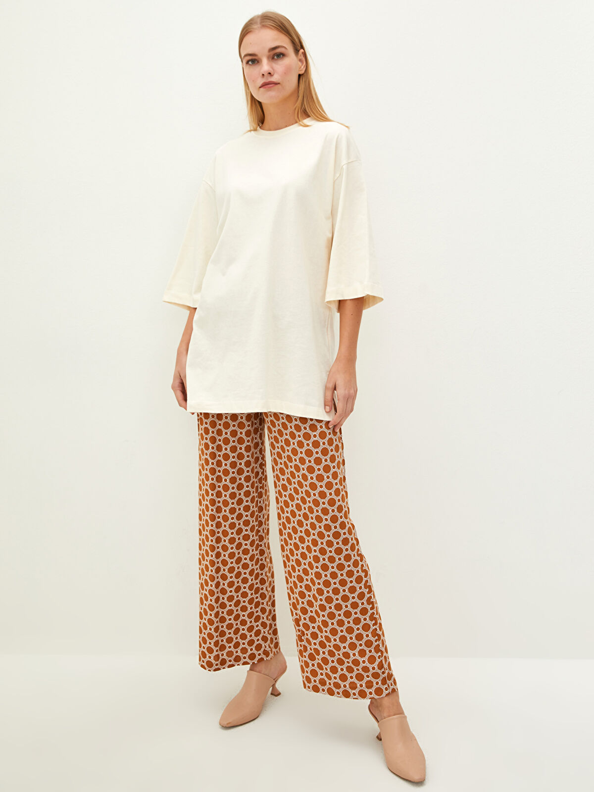 MODEST Beli Lastikli Rahat Kalıp Desenli Viskon Kadın Palazzo Pantolon