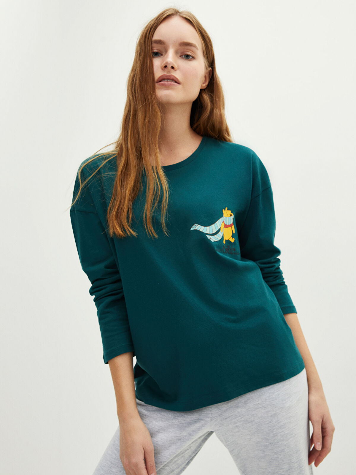 LCW DREAM Bisiklet Yaka Winnie the Pooh Baskılı Uzun Kollu Pamuklu Kadın Pijama Takımı