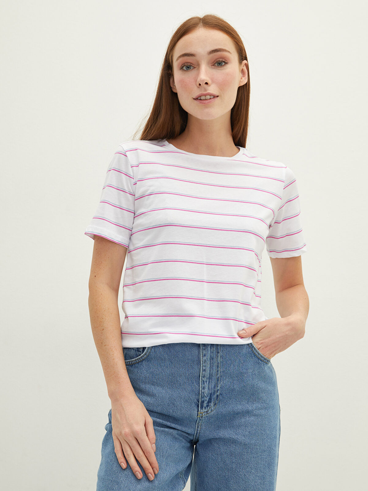 LCW BASIC Bisiklet Yaka Çizgili Kısa Kollu Pamuklu Kadın Tişört
