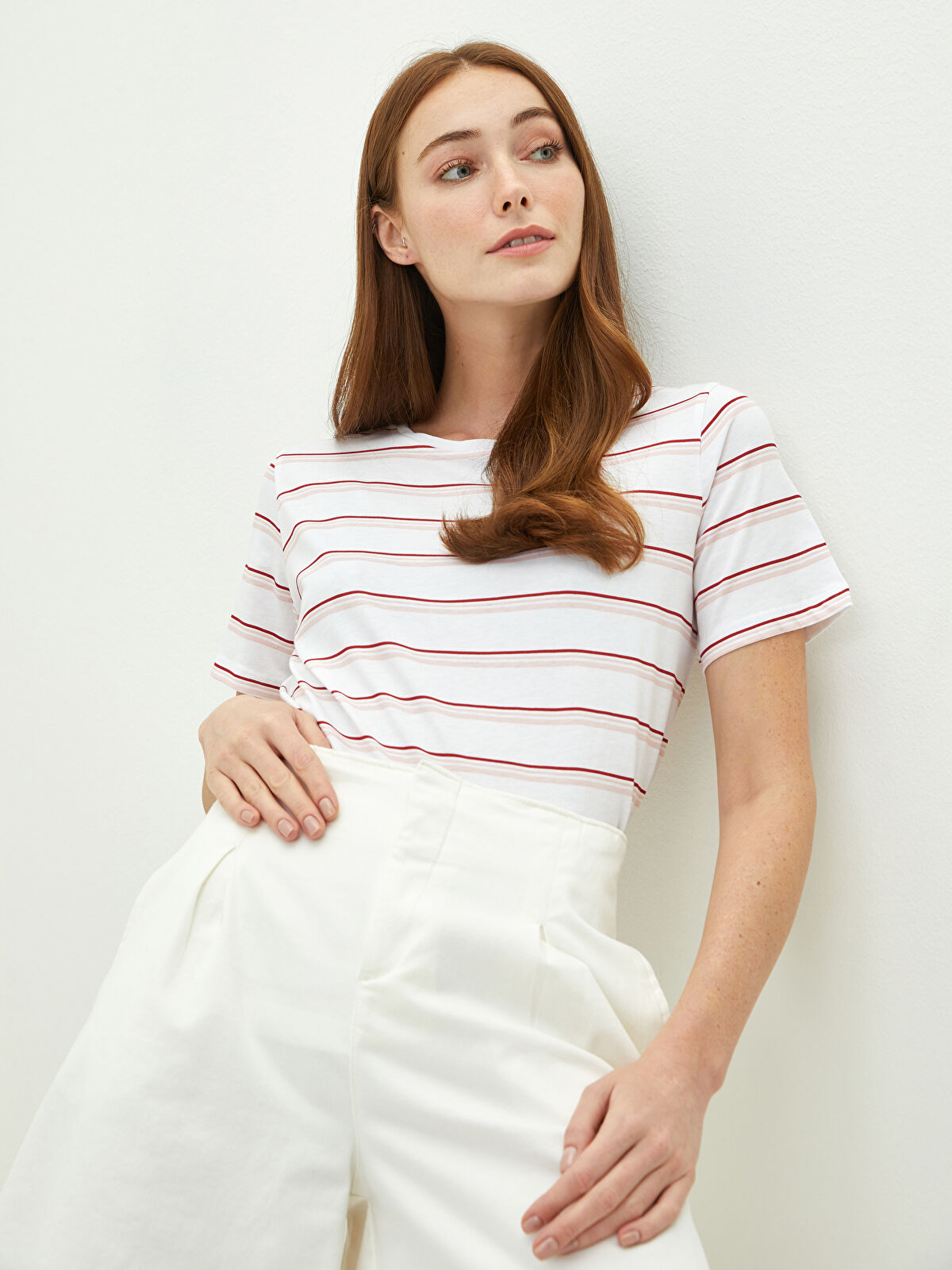 LCW BASIC Bisiklet Yaka Çizgili Kısa Kollu Pamuklu Kadın Tişört