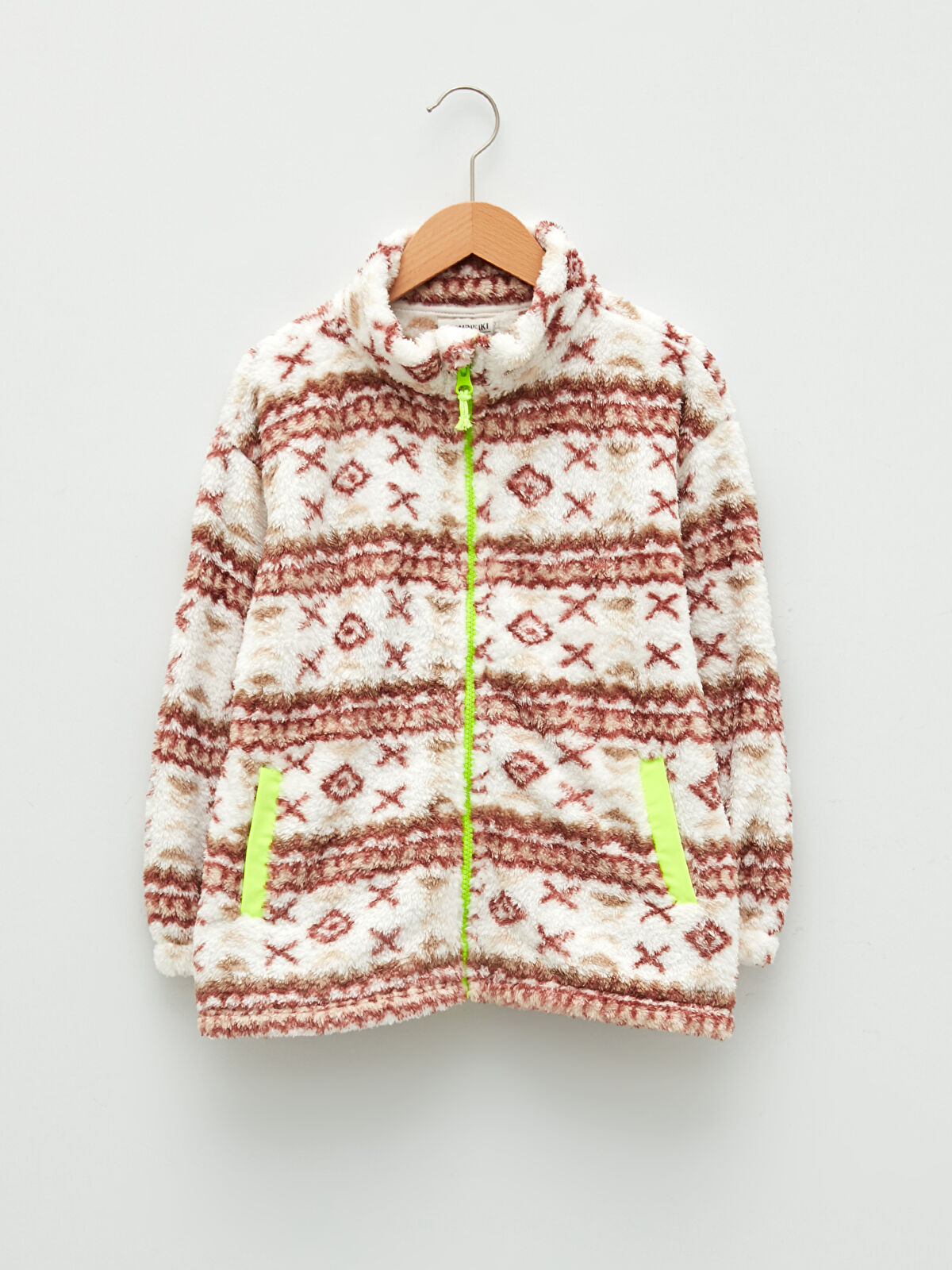 Dik Yaka Desenli Uzun Kollu Pelüş Kız Çocuk Fermuarlı Sweatshirt