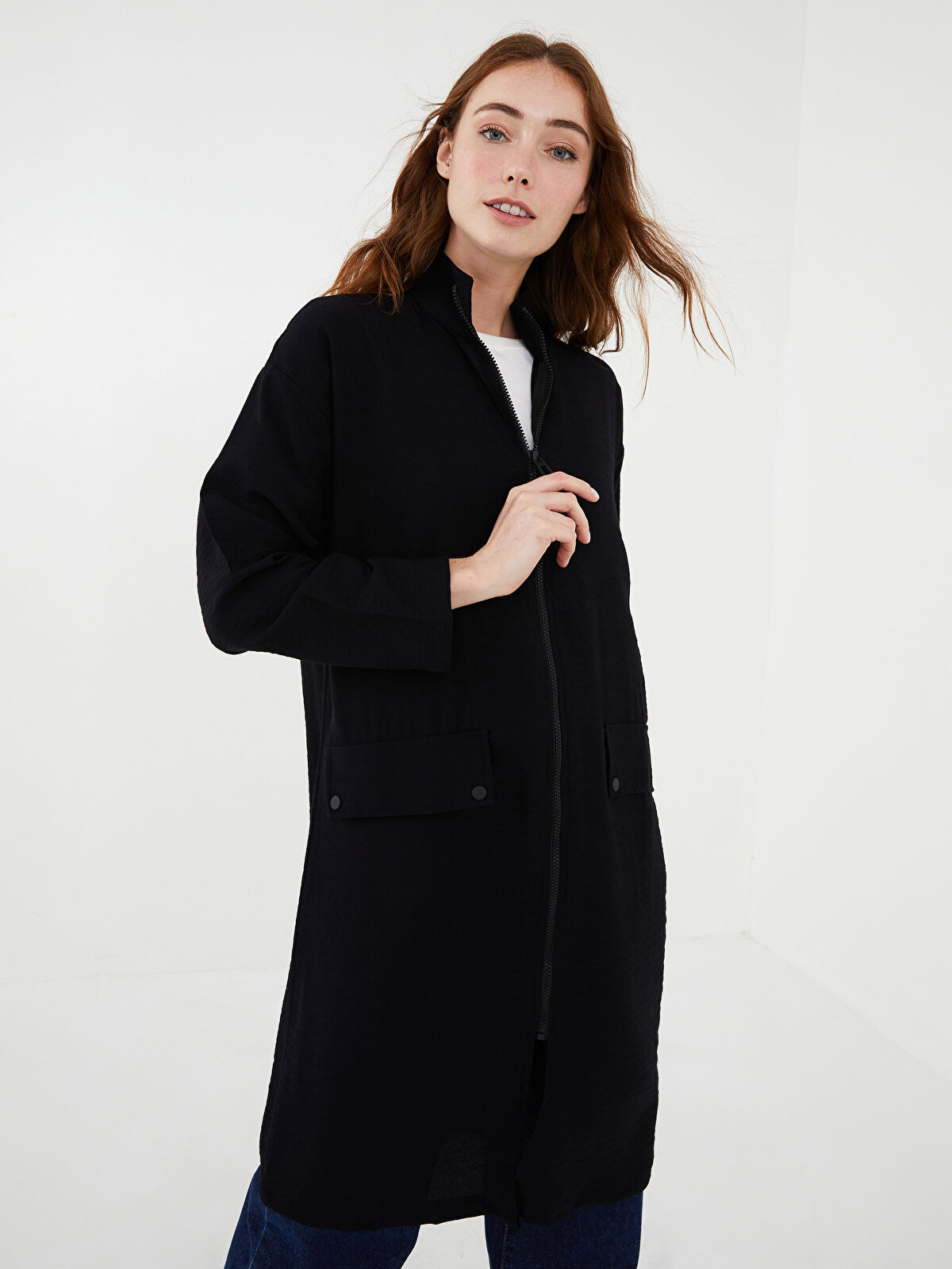 MODEST Hakim Yaka Düz Cep Detaylı Uzun Kollu Oversize Kadın Tunik