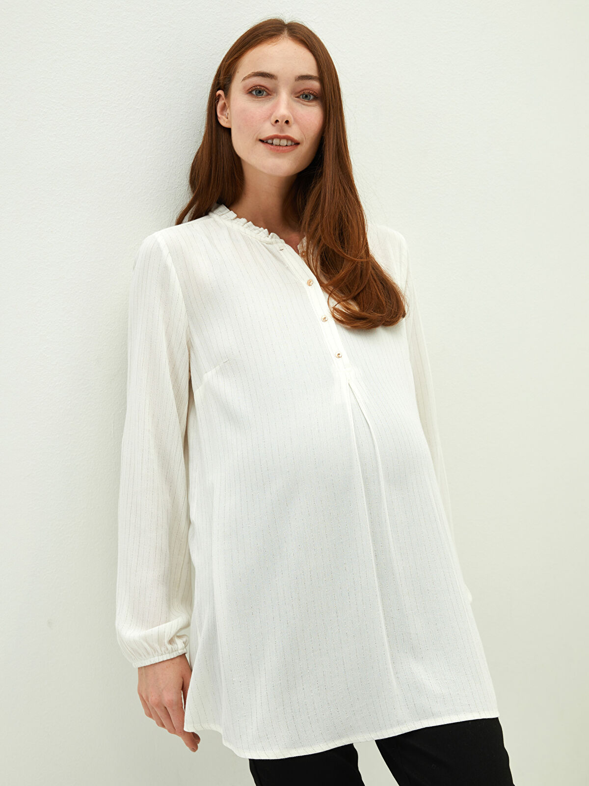 Fırfırlı Hakim Yaka Çizgili Uzun Kollu Kadın Bluz