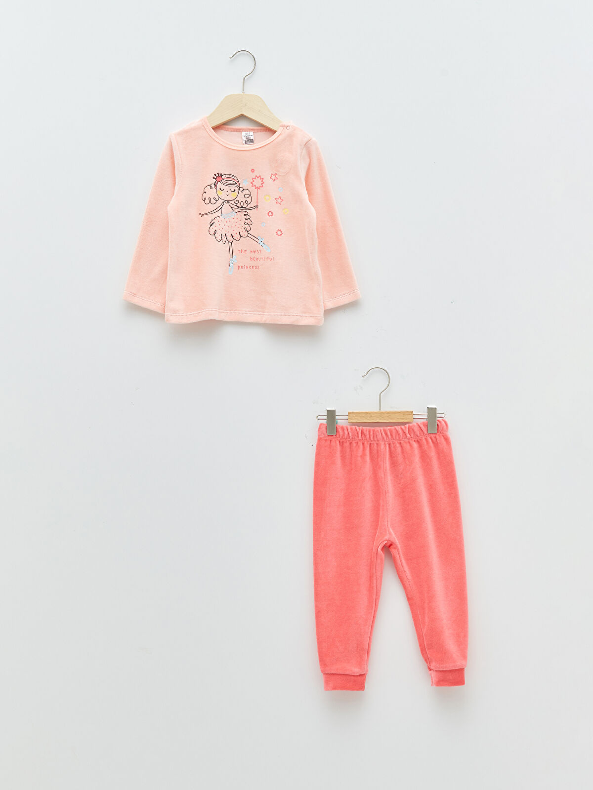 Bisiklet Yaka Uzun Kollu Baskılı Kadife Kız Bebek Pijama Takımı 2'li