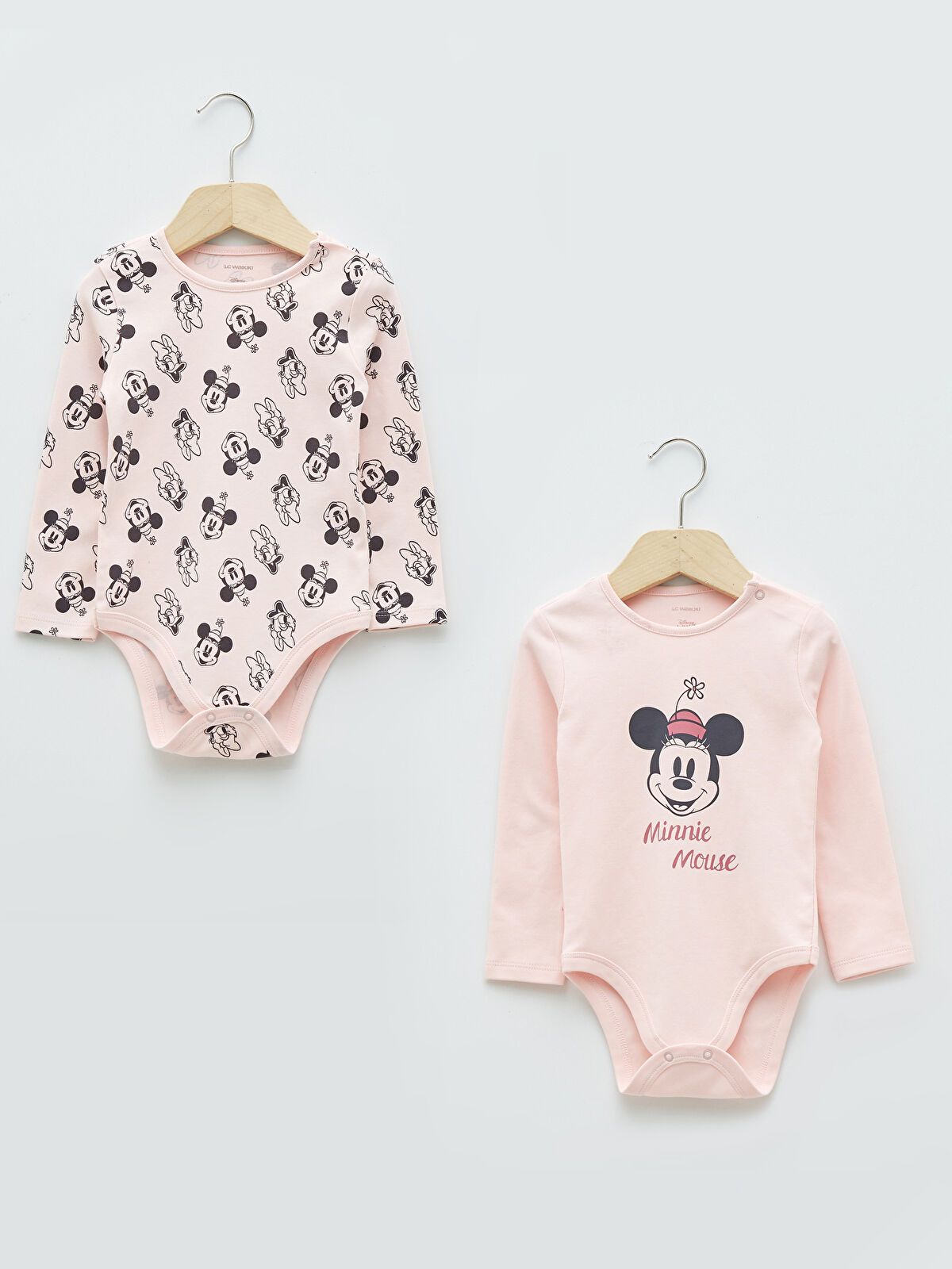 Bisiklet Yaka Uzun Kollu Minnie Mouse Baskılı Kız Bebek Çıtçıtlı Body 2'li