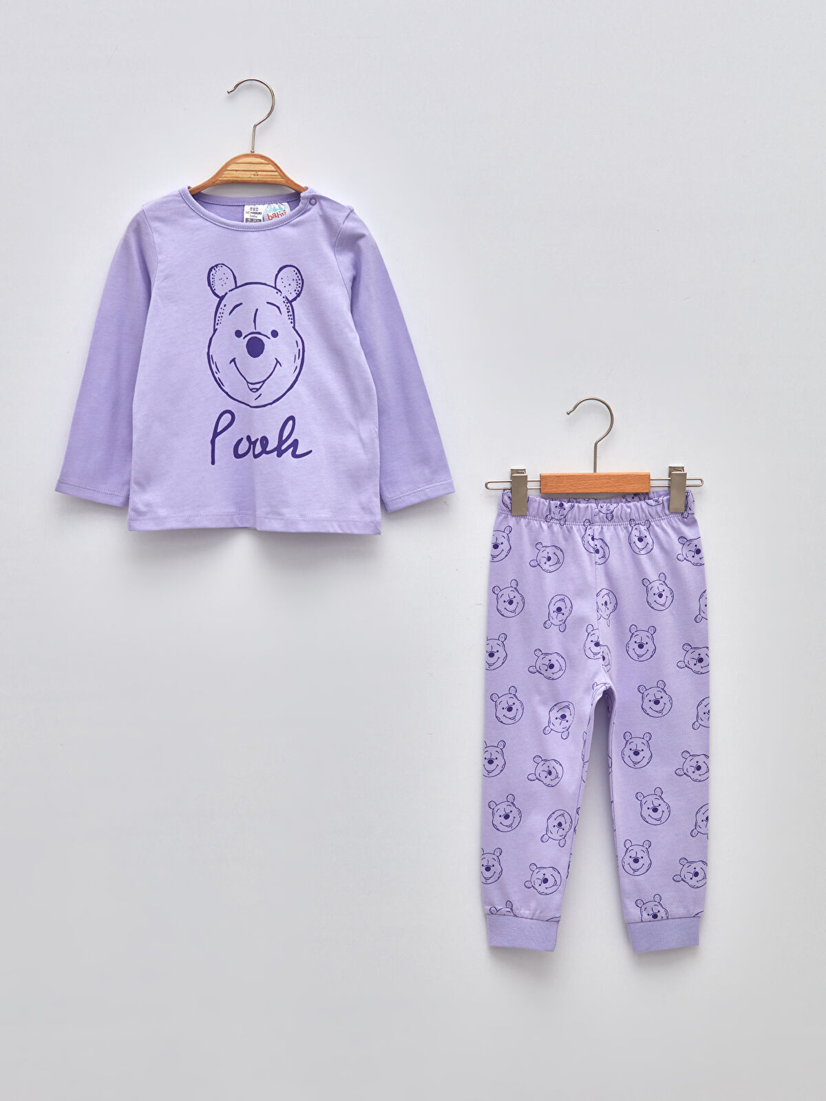 Bisiklet Yaka Uzun Kollu Winnie the Pooh Baskılı Pamuklu Kız Bebek Pijama Takımı