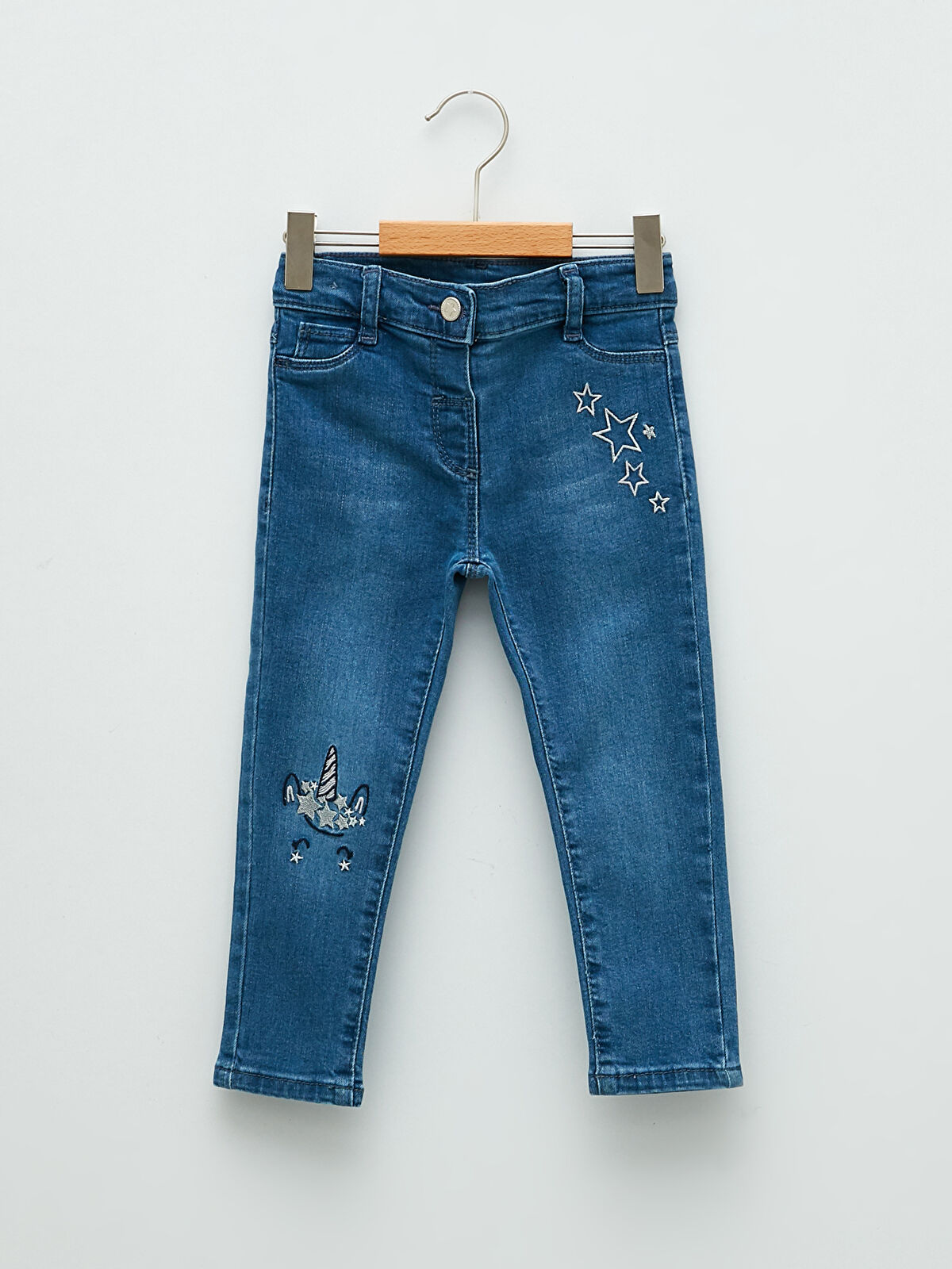 Baggy Fit Beli Lastikli Nakış Detaylı Kız Bebek Jean Pantolon