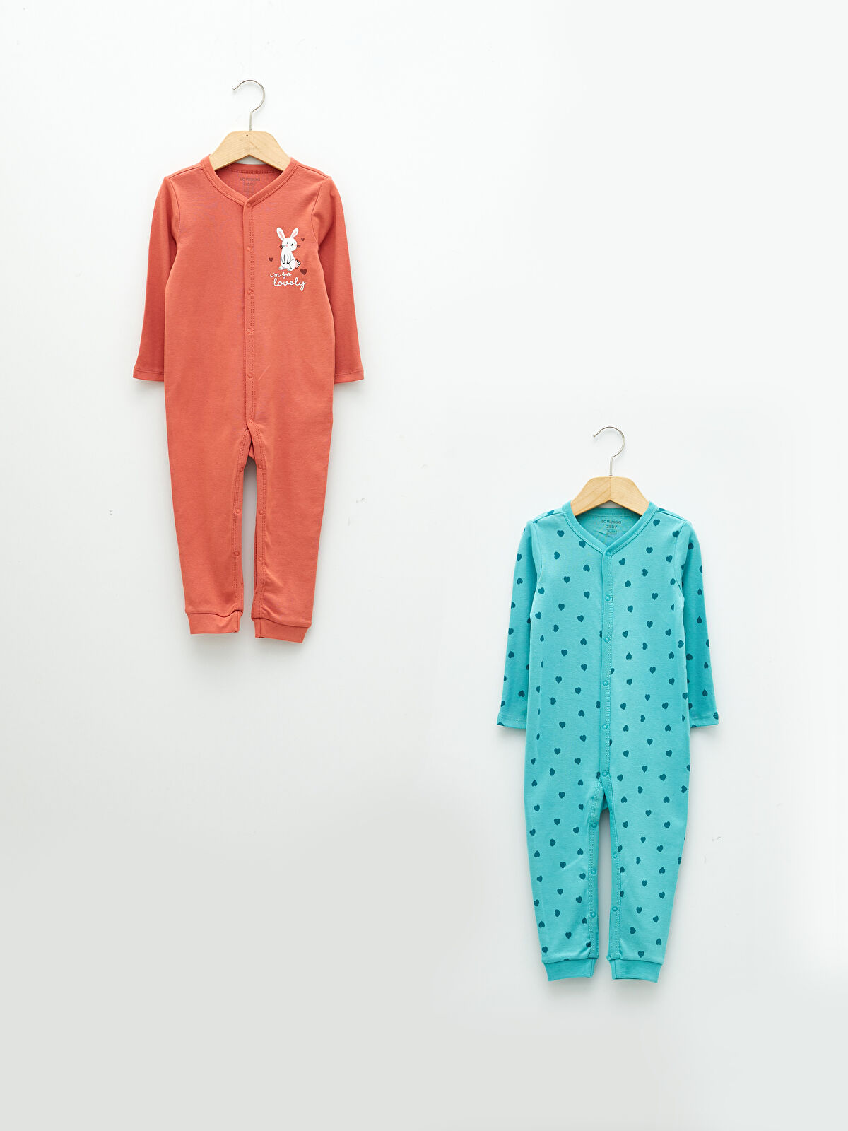 V Yaka Uzun Kollu Baskılı Pamuklu Kız Bebek Tulum 2'li