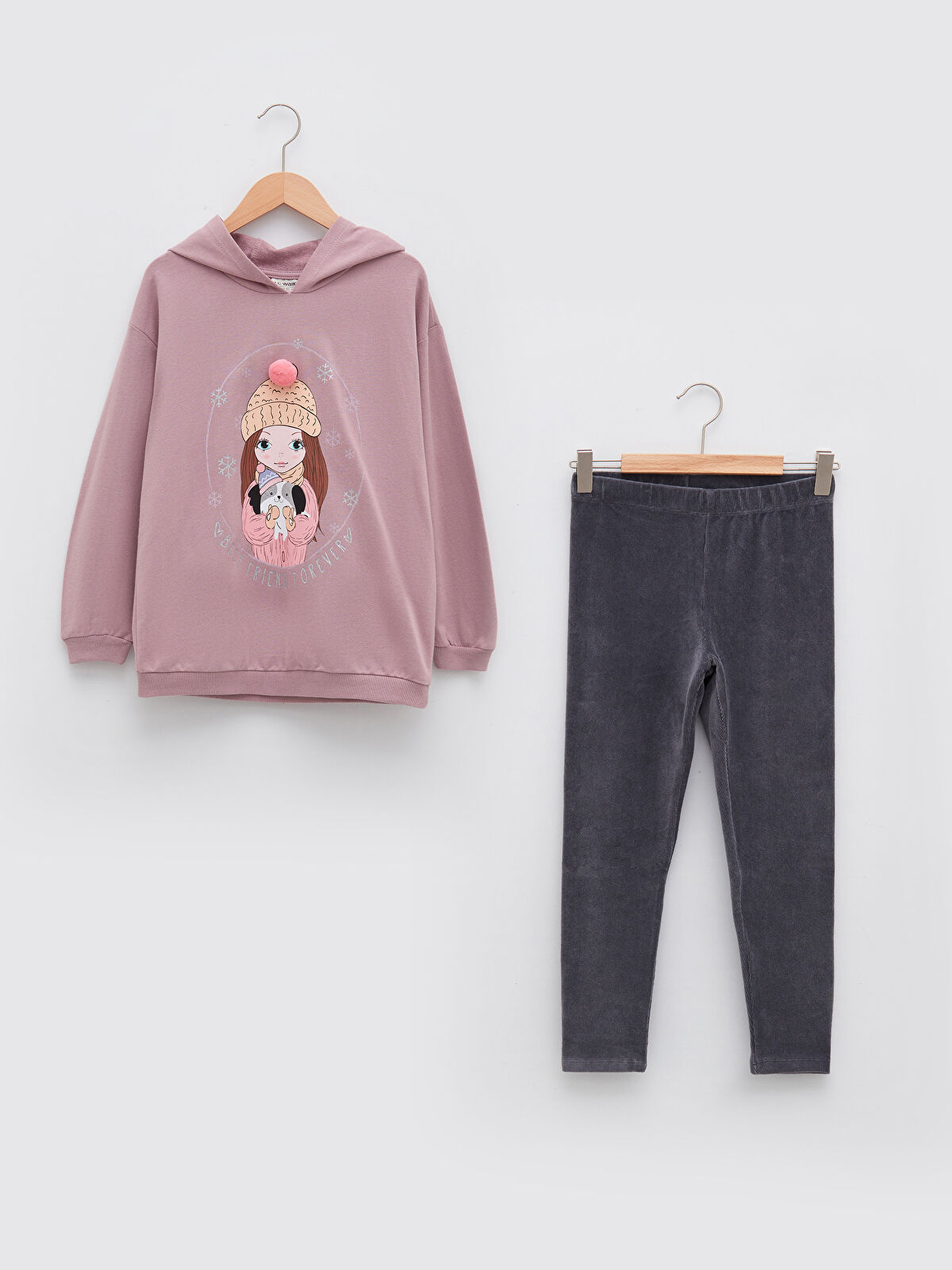 Kapüşonlu Baskılı Uzun Kollu Oversize Kız Çocuk Sweatshirt ve Tayt