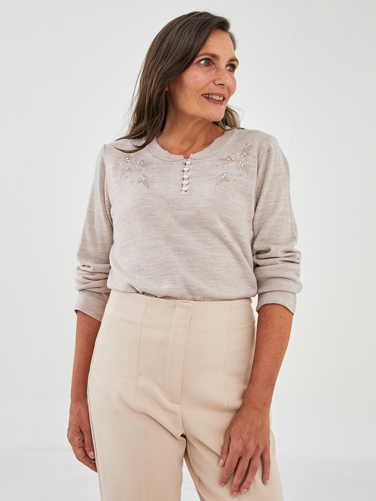 LCW GRACE Bisiklet Yaka Nakışlı Uzun Kollu Kadın Triko Kazak