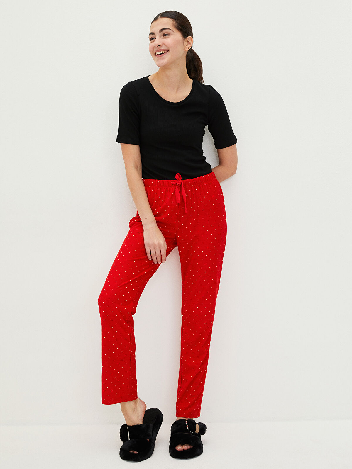 LCW DREAM Beli Lastikli Puantiyeli Polar Kadın Pijama Alt