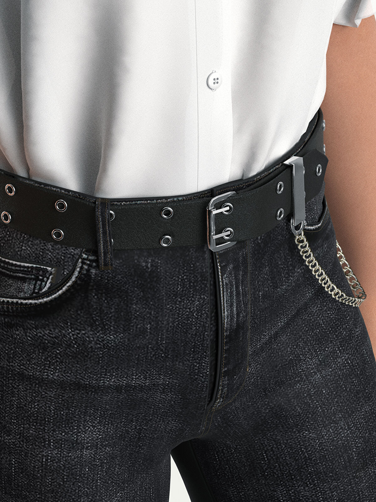 Deri Görünümlü Kuş Gözü Detaylı Kadın Kot Kemeri