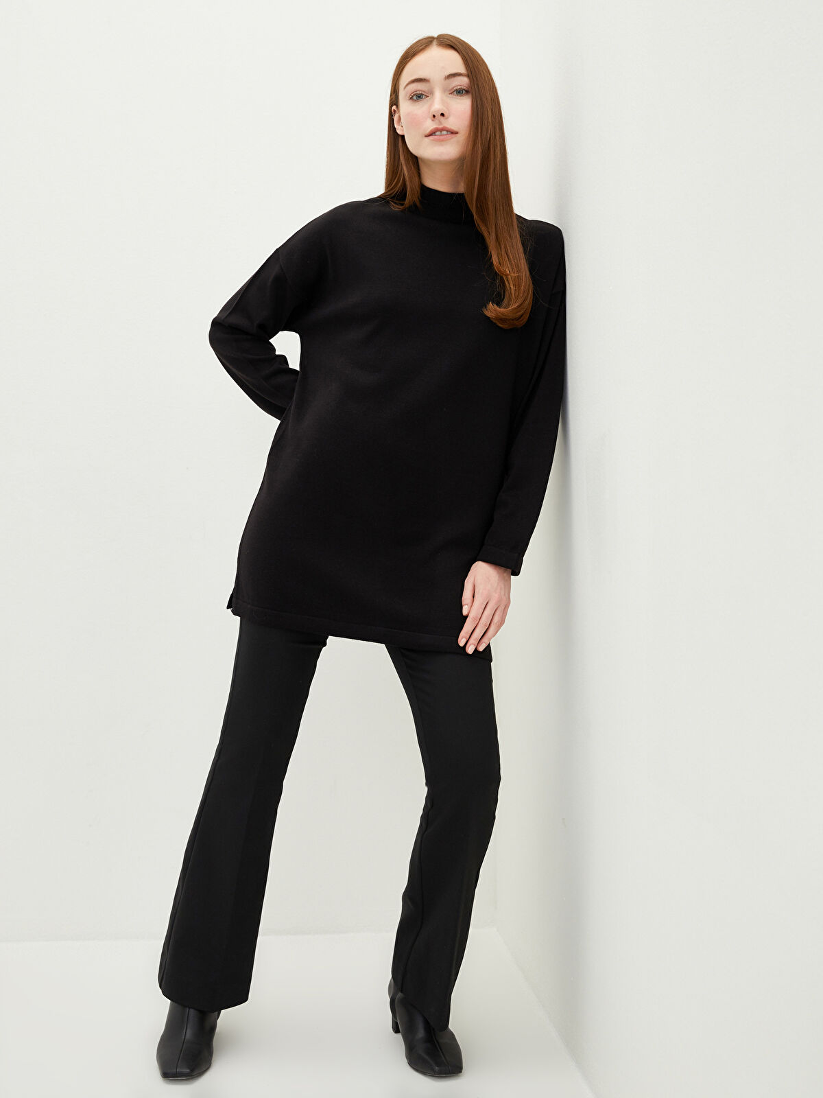 MODEST Yarım Balıkçı Yaka Düz Uzun Kollu Oversize Kadın Triko Tunik