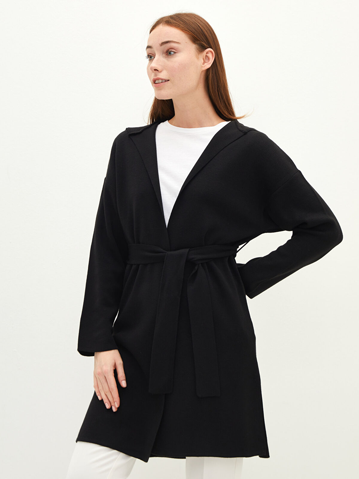 MODEST Kapüşonlu Düz Uzun Kollu Kadın Triko Hırka