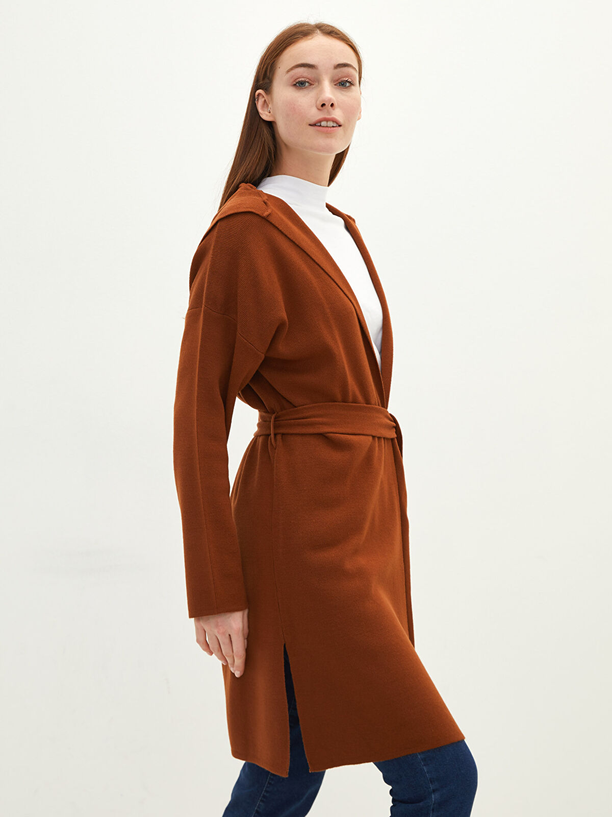 MODEST Kapüşon Yaka Düz Kuşak Detaylı Uzun Kollu Kadın Triko Hırka