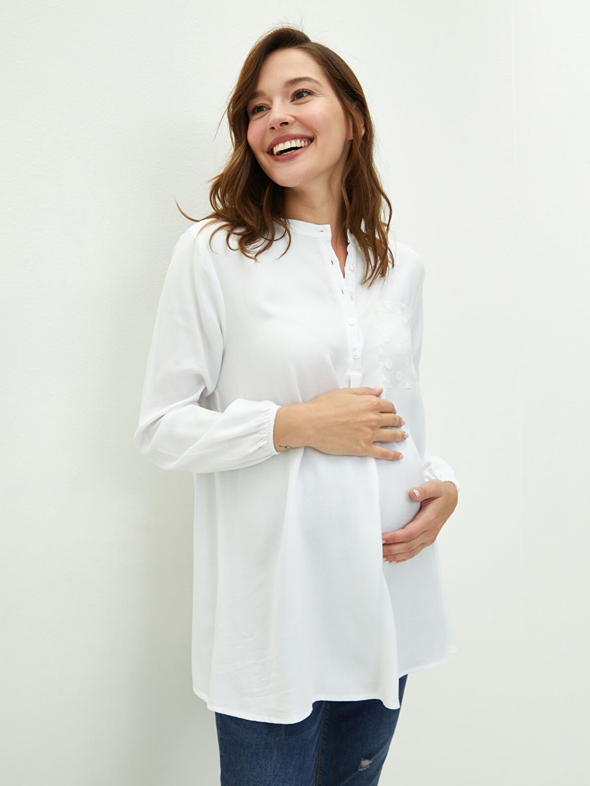 Hakim Yaka Düz Cep Detaylı Uzun Kollu Viskon Hamile Bluz