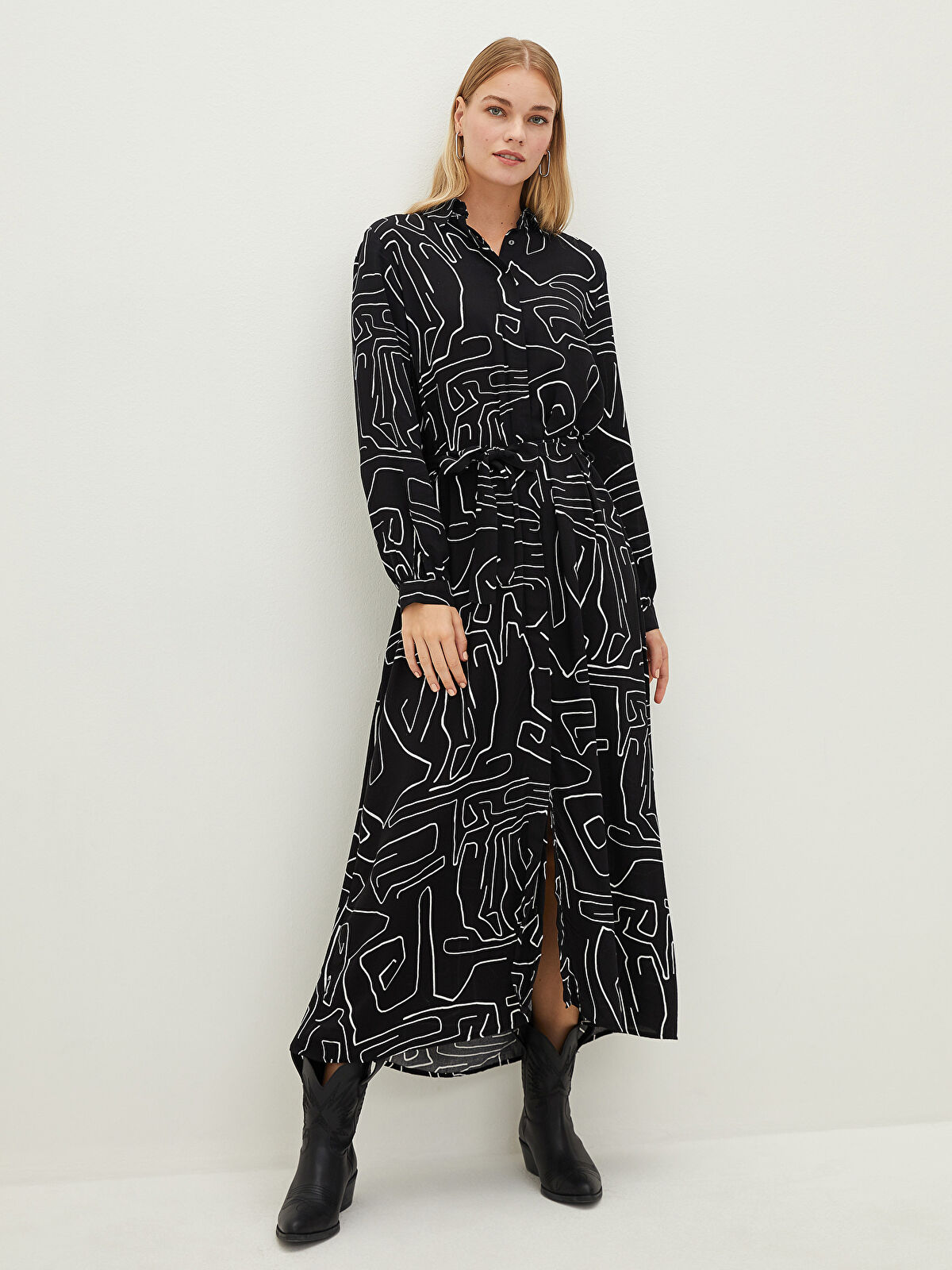 LCW CLASSIC Gömlek Yaka Desenli Uzun Kollu Beli Kuşaklı Viskon Kadın Elbise