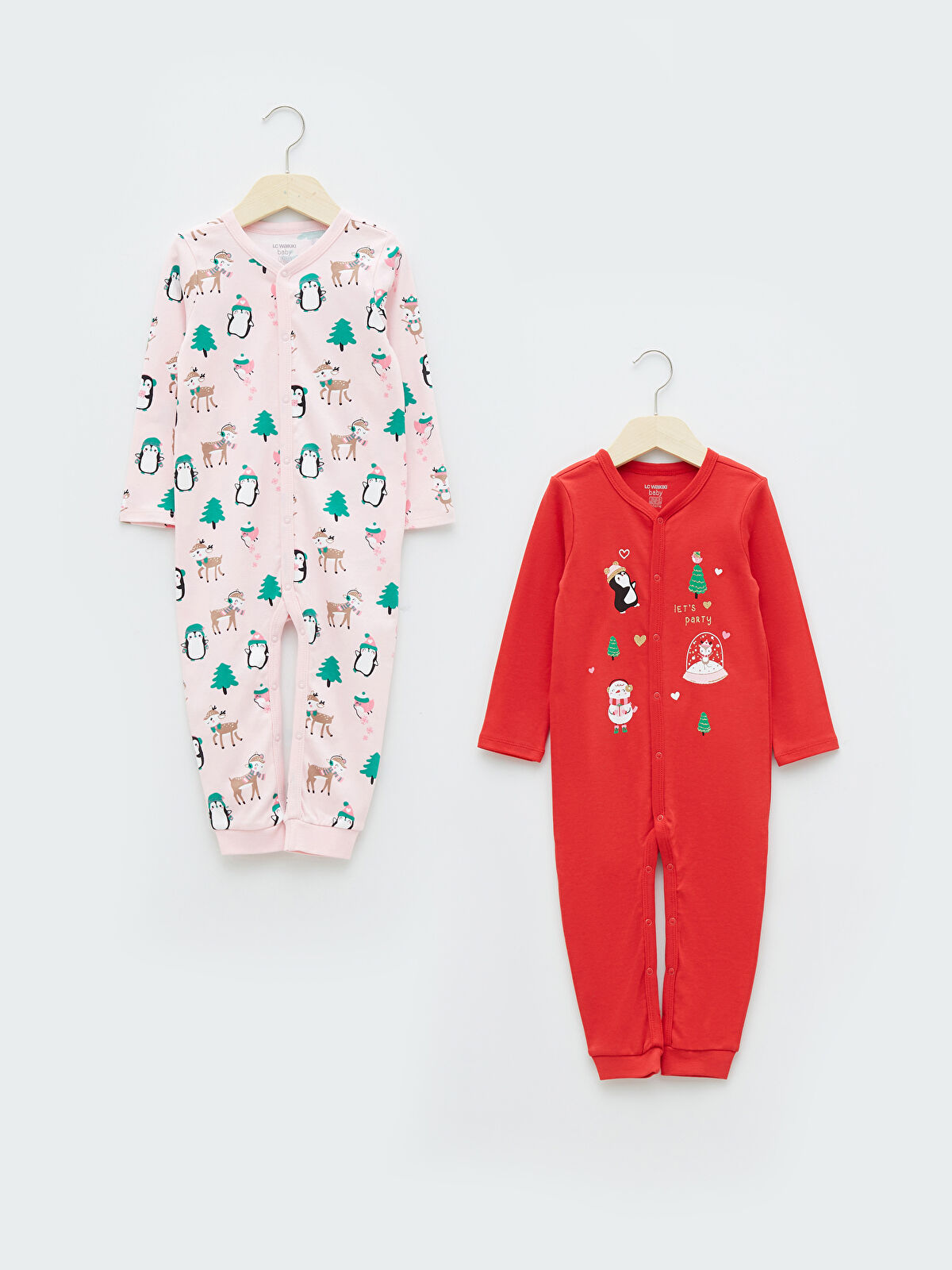 V Yaka Uzun Kollu Yılbaşı Temalı Pamuklu Kız Bebek Tulum 2'li