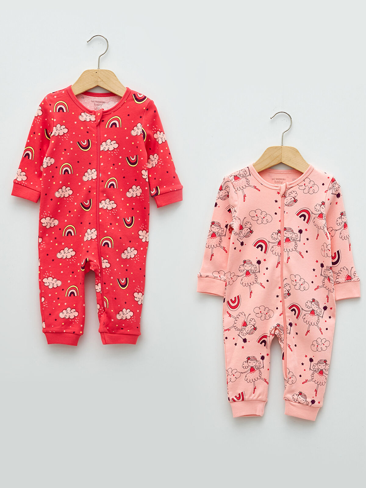 Bisiklet Yaka Uzun Kollu Baskılı Pamuklu Kız Bebek Fermuarlı Tulum 2'li