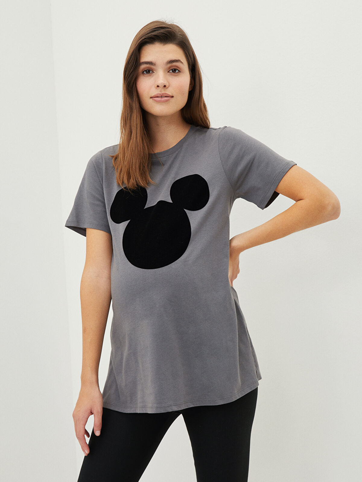 Bisiklet Yaka Mickey Mouse Baskılı Kısa Kollu Pamuklu Hamile Tişört