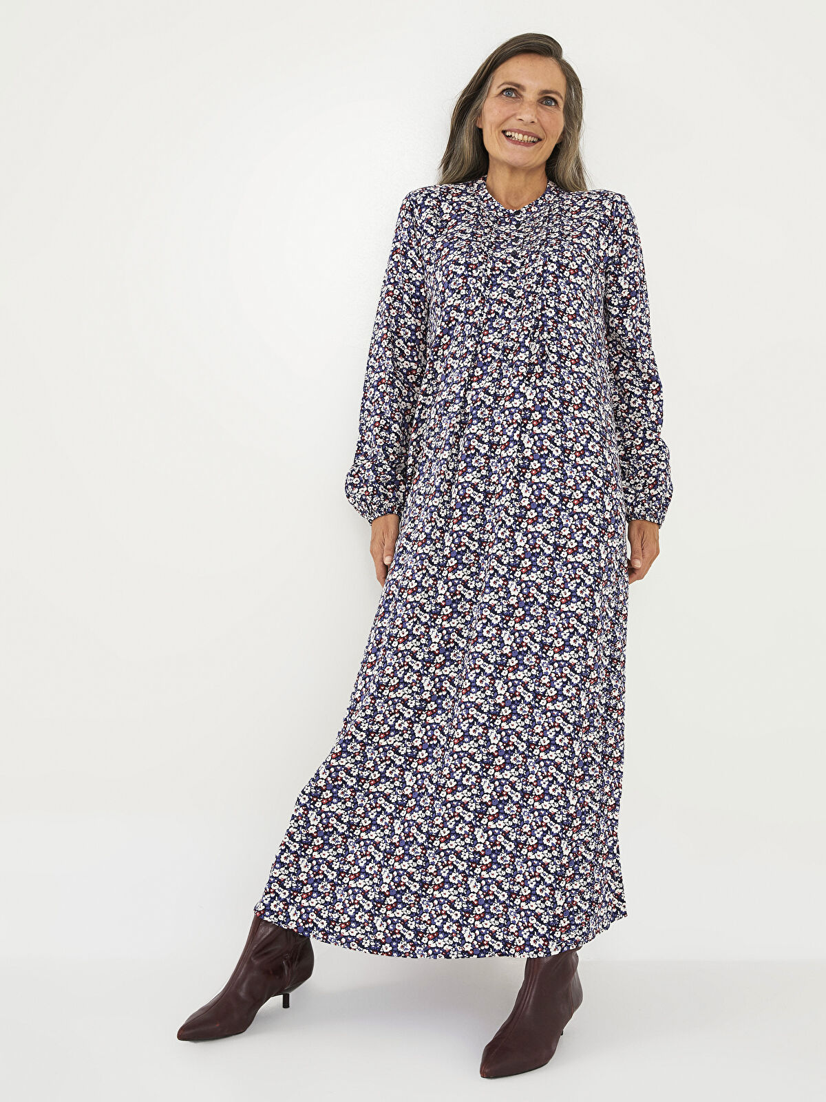 LCW GRACE Bisiklet Yaka Çiçekli Uzun Kollu A Kesim Belmando Kumaş Kadın Elbise