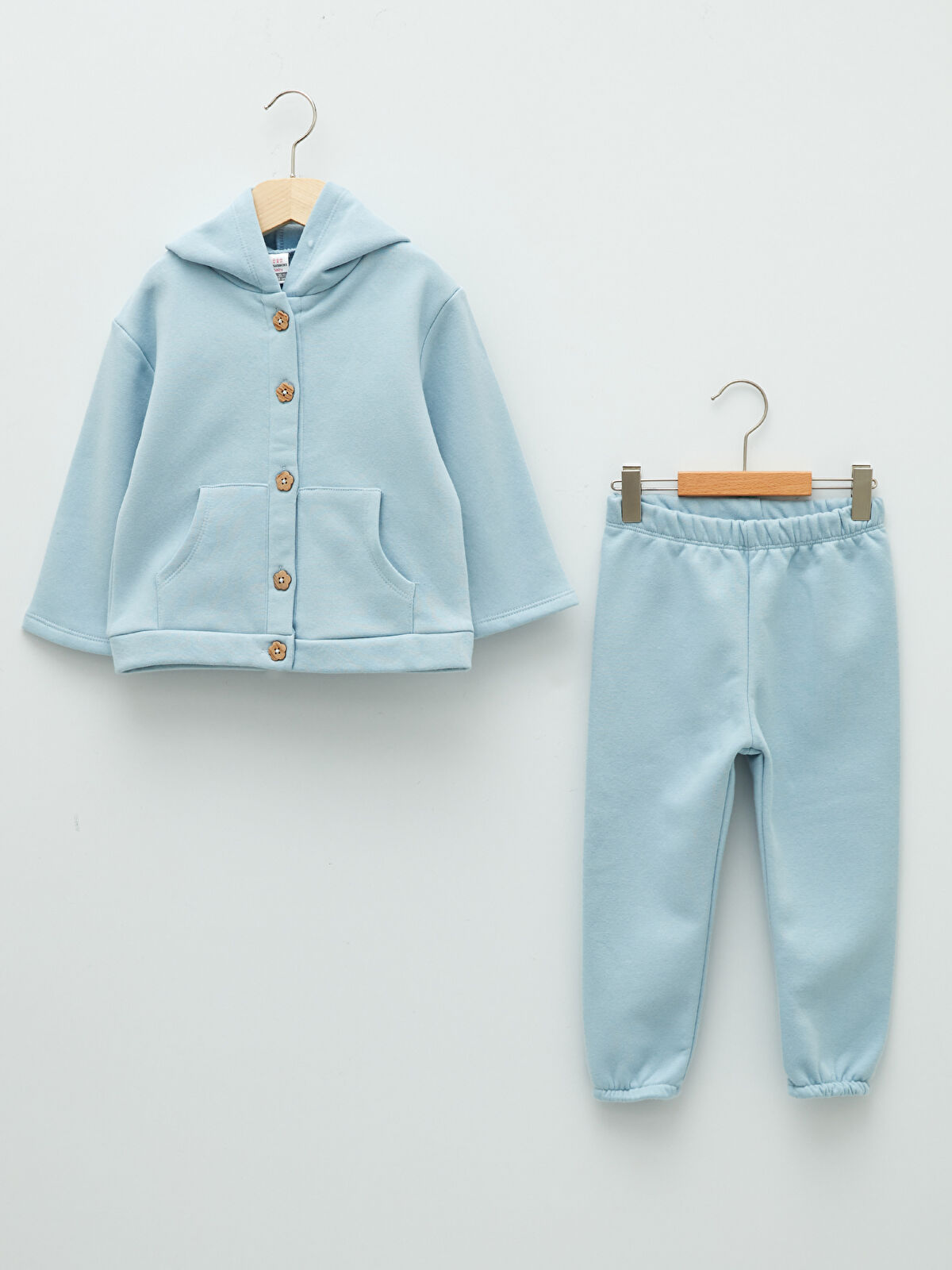 Kapüşonlu Uzun Kollu Basic Kız Bebek Hırka ve Pantolon 2'li Takım