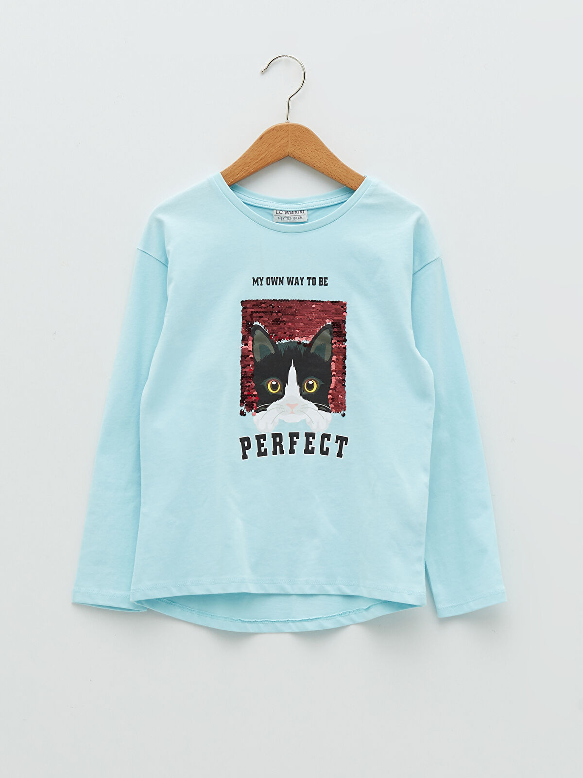 Bisiklet Yaka Baskılı Çift Yönlü Payetli Uzun Kollu Kız Çocuk Tişört