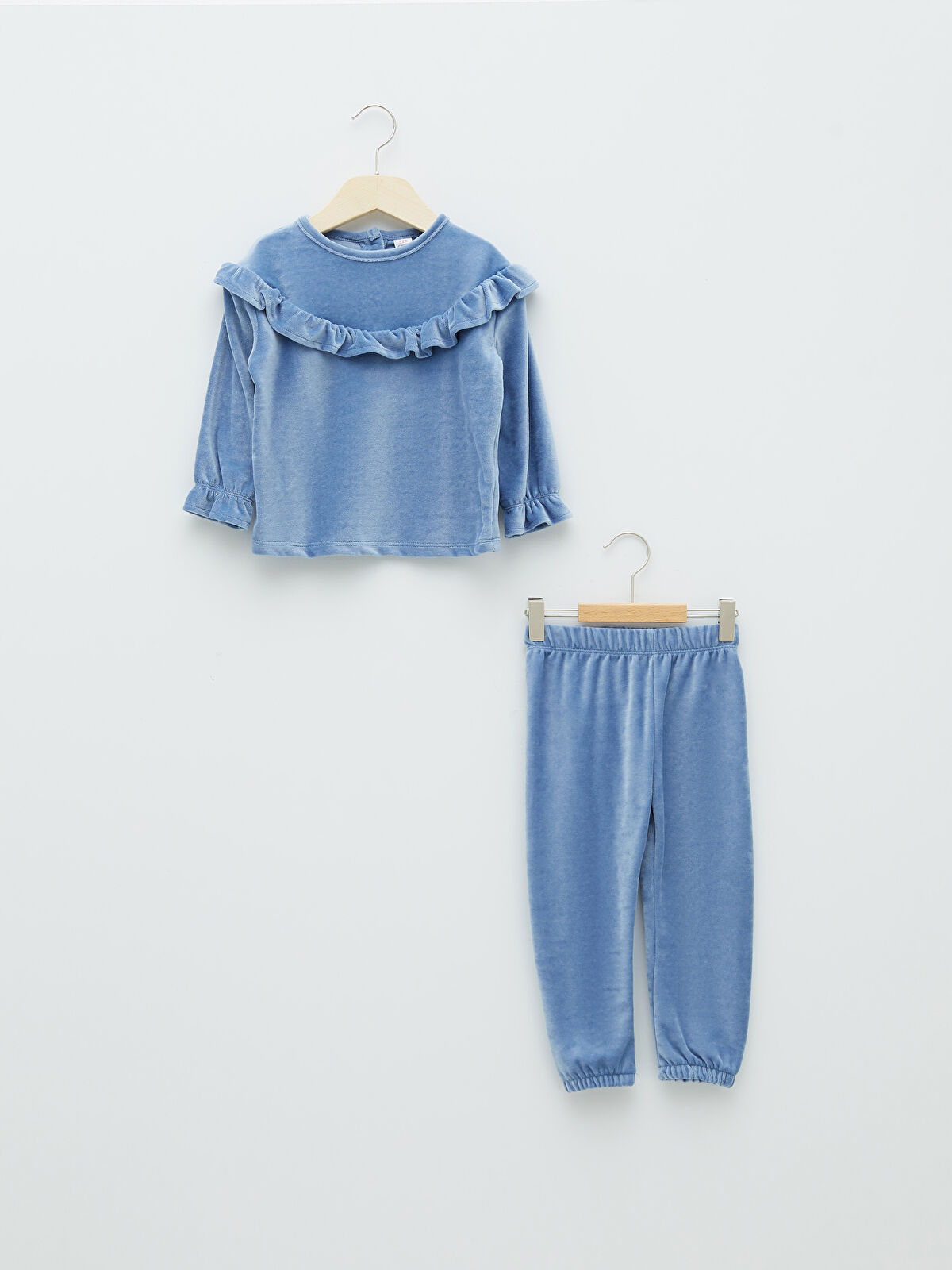 Bisiklet Yaka Uzun Kollu Basic Kadife Kız Bebek Sweatshirt ve Pantolon 2'li Takım