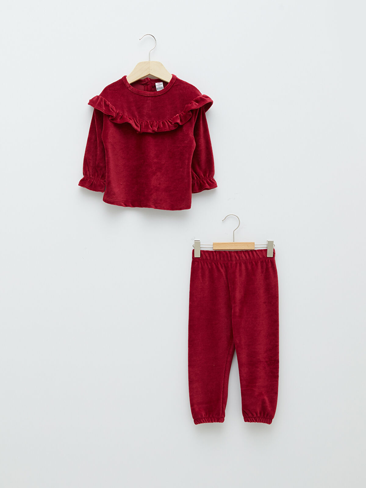 Bisiklet Yaka Uzun Kollu Basic Kadife Kız Bebek Sweatshirt ve Pantolon 2'li Takım