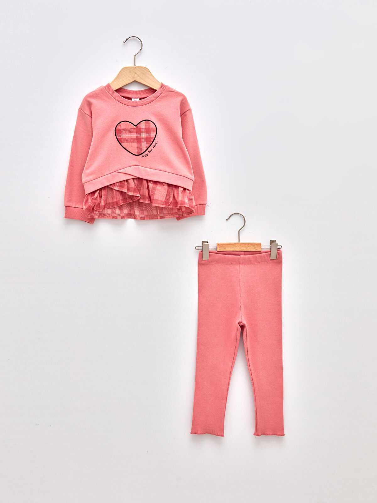 Bisiklet Yaka Uzun Kollu Ekose Desenli Kız Bebek Sweatshirt ve Tayt 2'li Takım