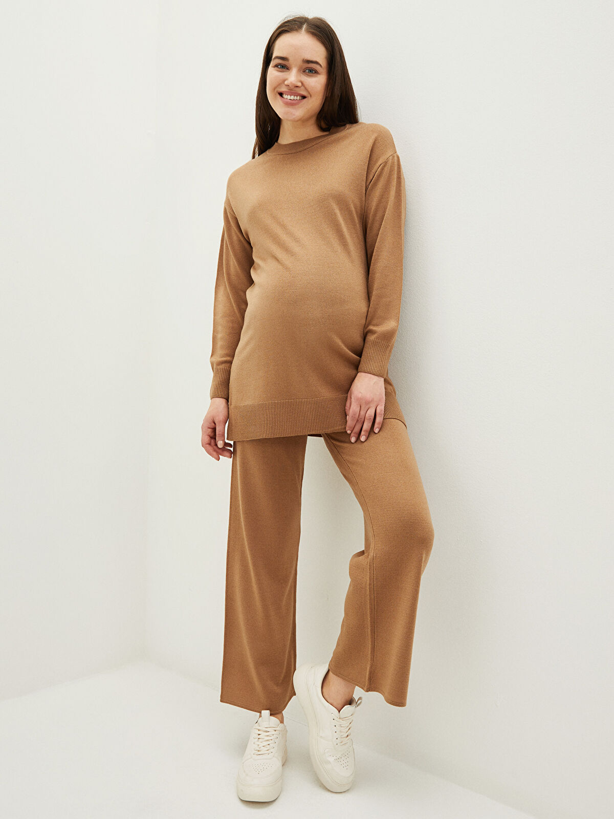 Beli Lastikli Düz Geniş Paça Hamile Triko Pantolon