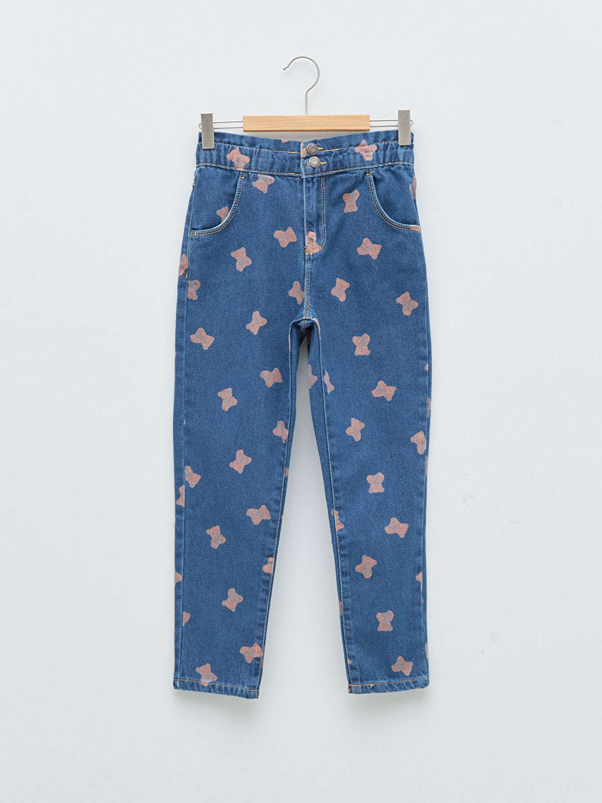 Beli Lastikli Baskılı Kız Çocuk Jean Pantolon