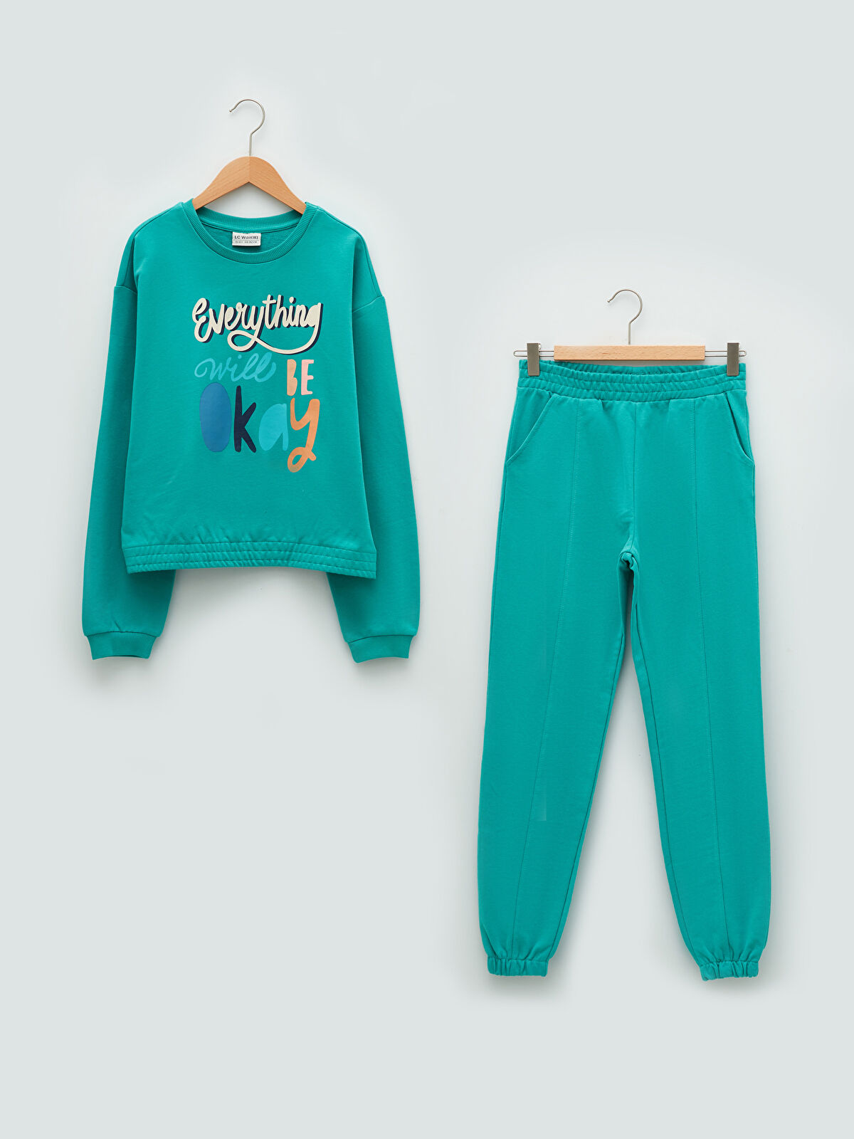 Bisiklet Yaka Baskılı Uzun Kollu Oversize Kız Çocuk Sweatshirt ve Eşofman Altı