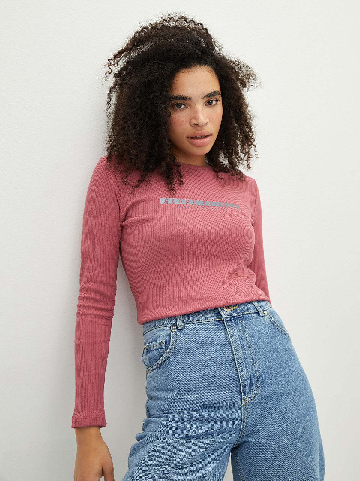 Bisiklet Yaka Baskılı Uzun Kollu Kadın Sweatshirt Anne Kız Kombini