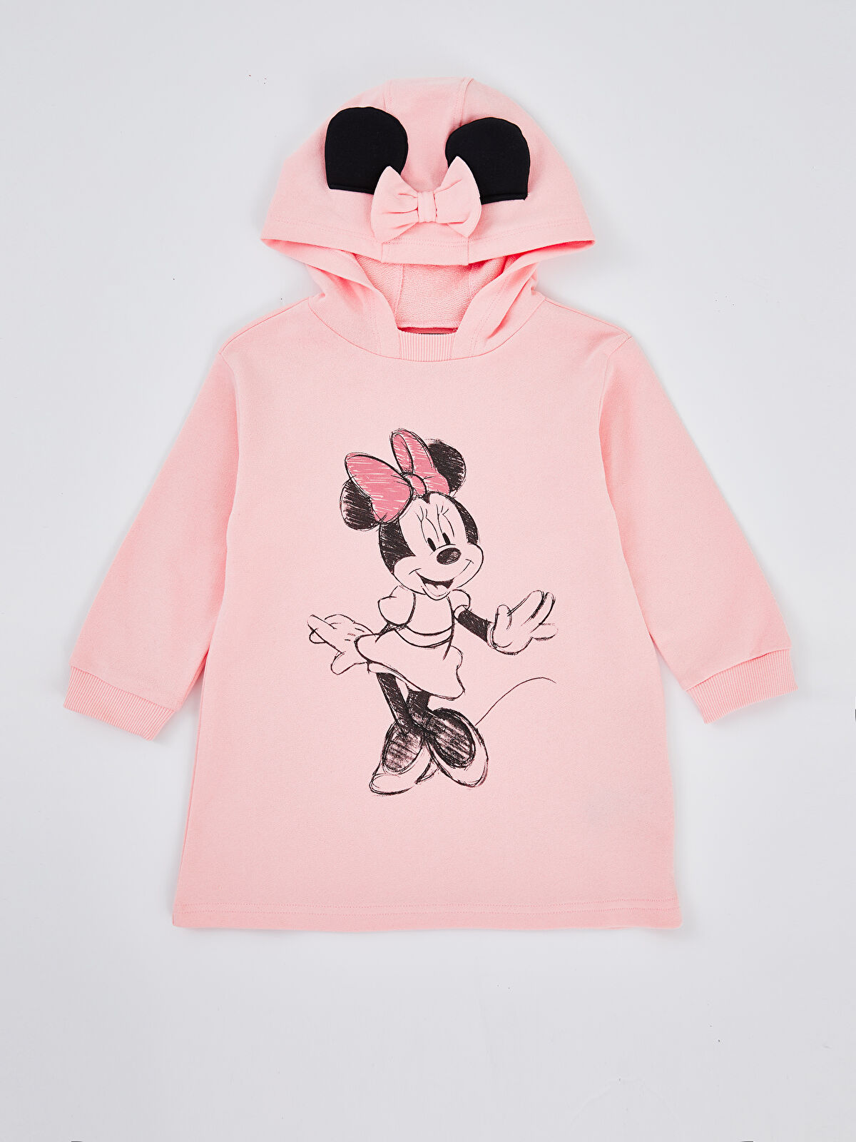 Kapüşonlu Uzun Kollu Minnie Mouse Baskılı Pamuklu Kız Bebek Elbise