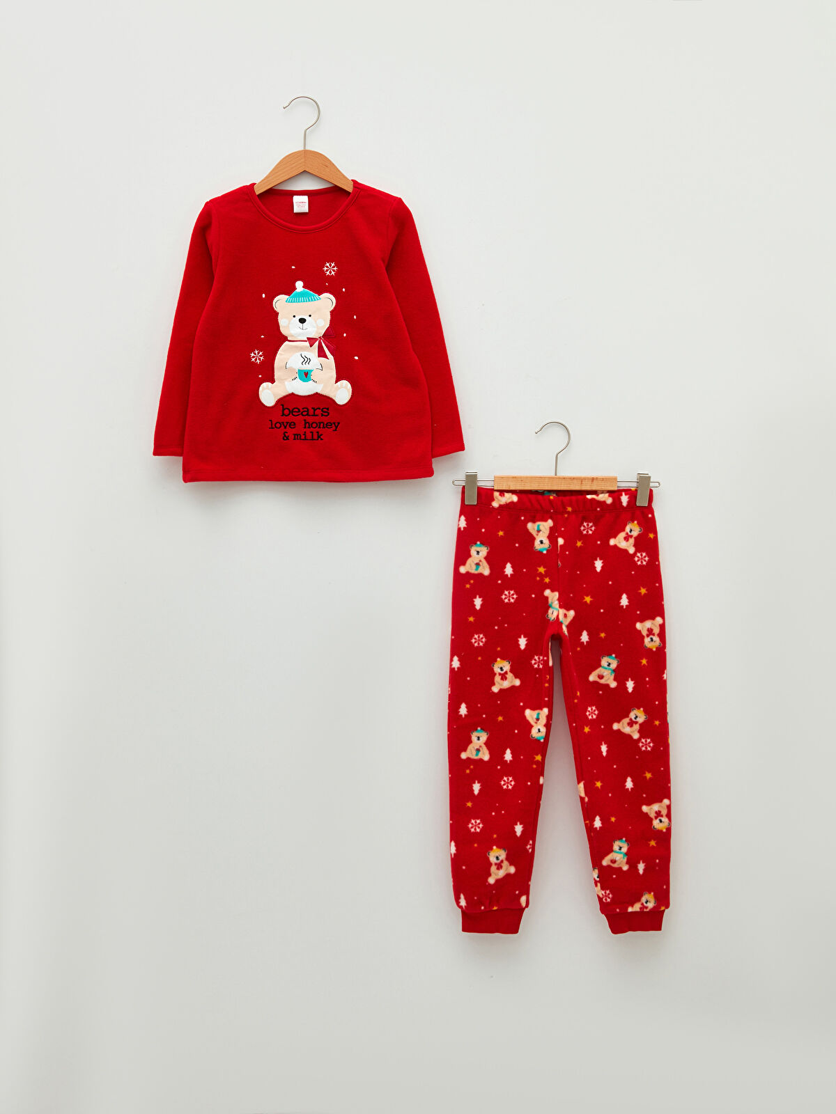 Bisiklet Yaka Yılbaşı Temalı Uzun Kollu Polar Kız Çocuk Pijama Takımı