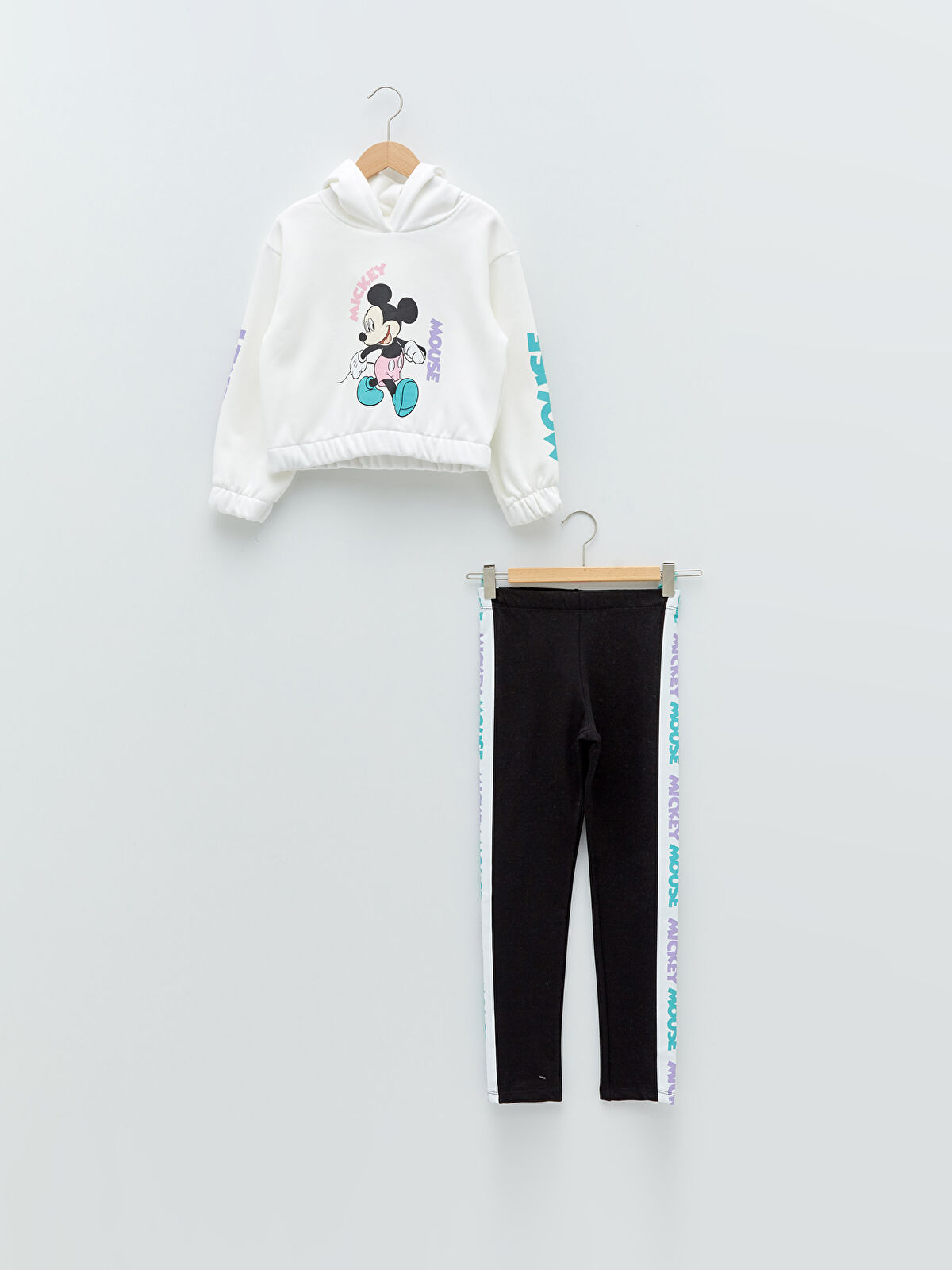 Kapüşonlu Mickey Mouse Baskılı Uzun Kollu Kız Çocuk Sweatshirt ve Tayt