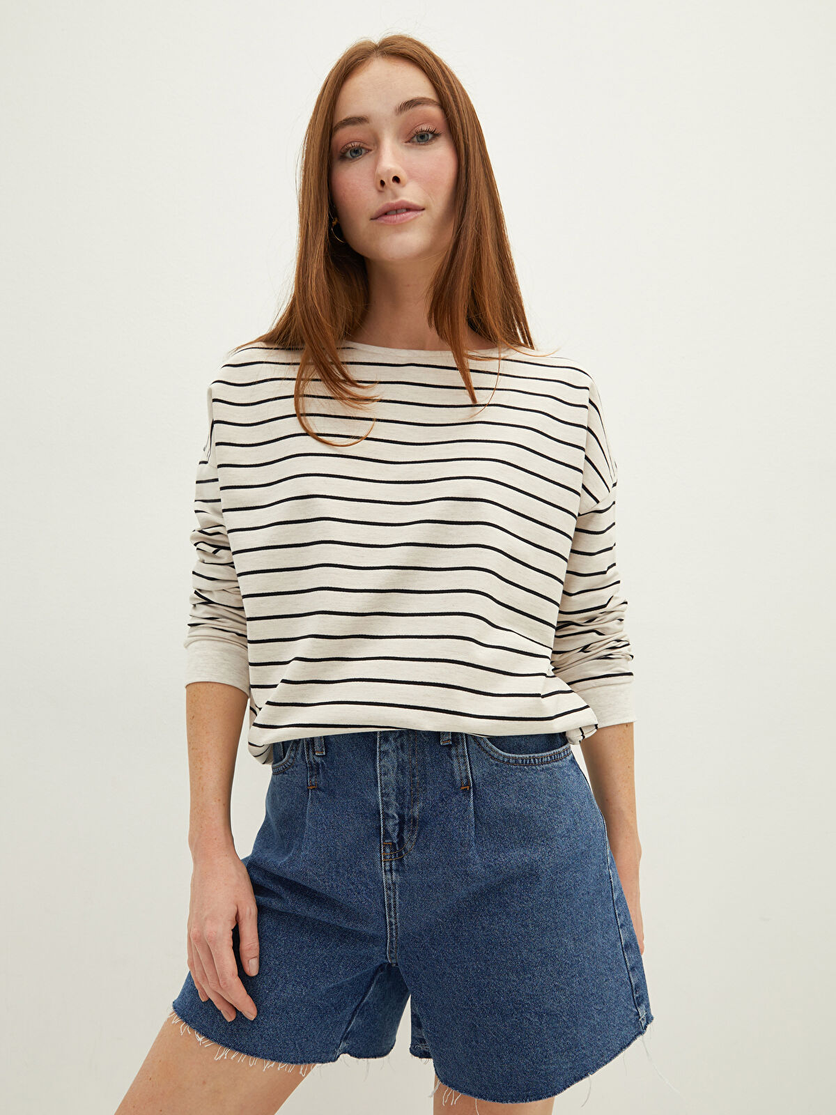 LCW BASIC Bisiklet Yaka Çizgili Uzun Kollu Kadın Sweatshirt