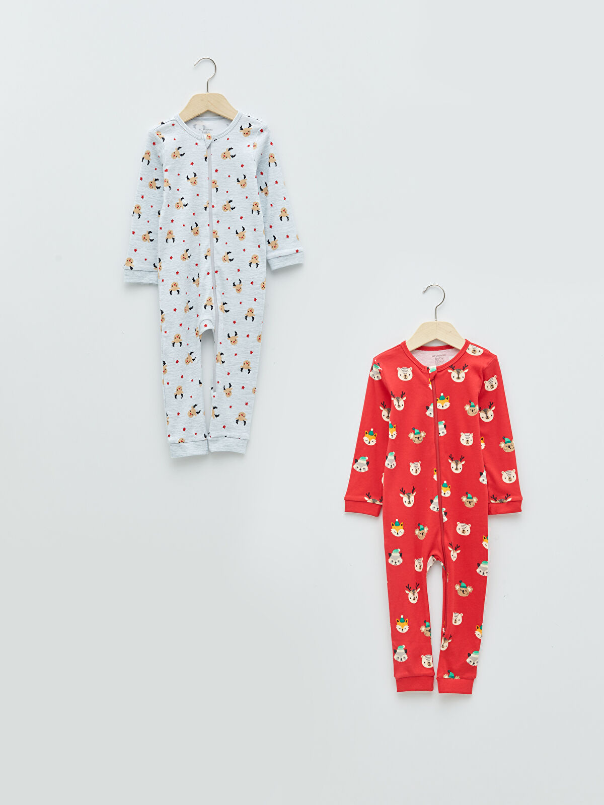 Bisiklet Yaka Uzun Kollu Yılbaşı Temalı Erkek Bebek Fermuarlı Tulum 2'li