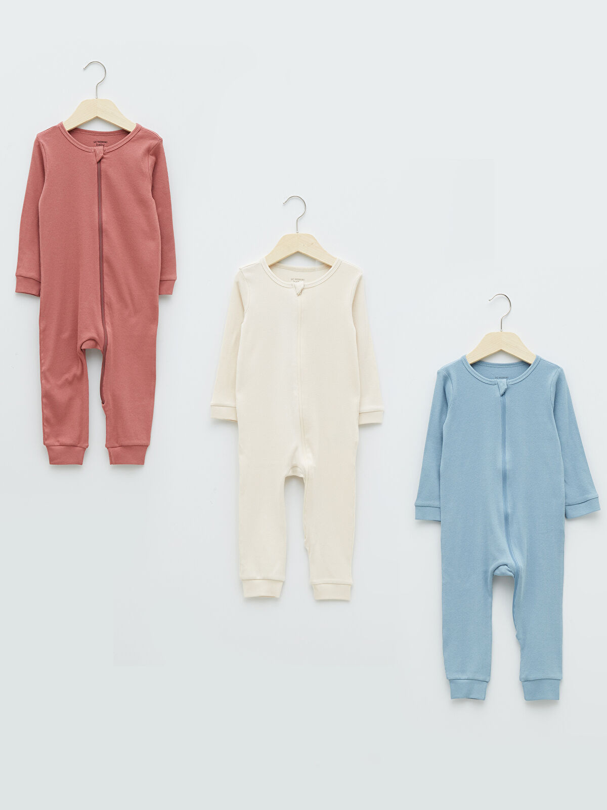 Bisiklet Yaka Uzun Kollu Basic Pamuklu Erkek Bebek Fermuarlı Tulum 3'lü