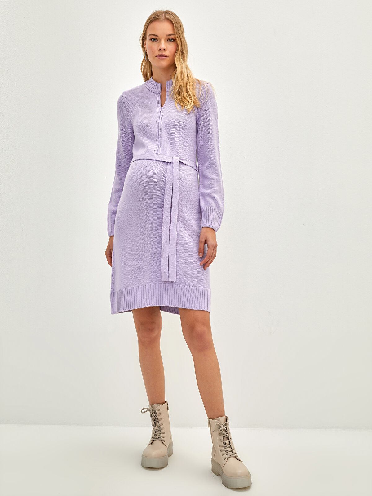 Bisiklet Yaka Düz Uzun Kollu Hamile Triko Elbise