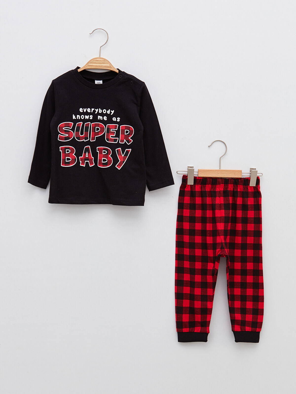 Bisiklet Yaka Uzun Kollu Ekose Desenli Pamuklu Erkek Bebek Pijama Takımı