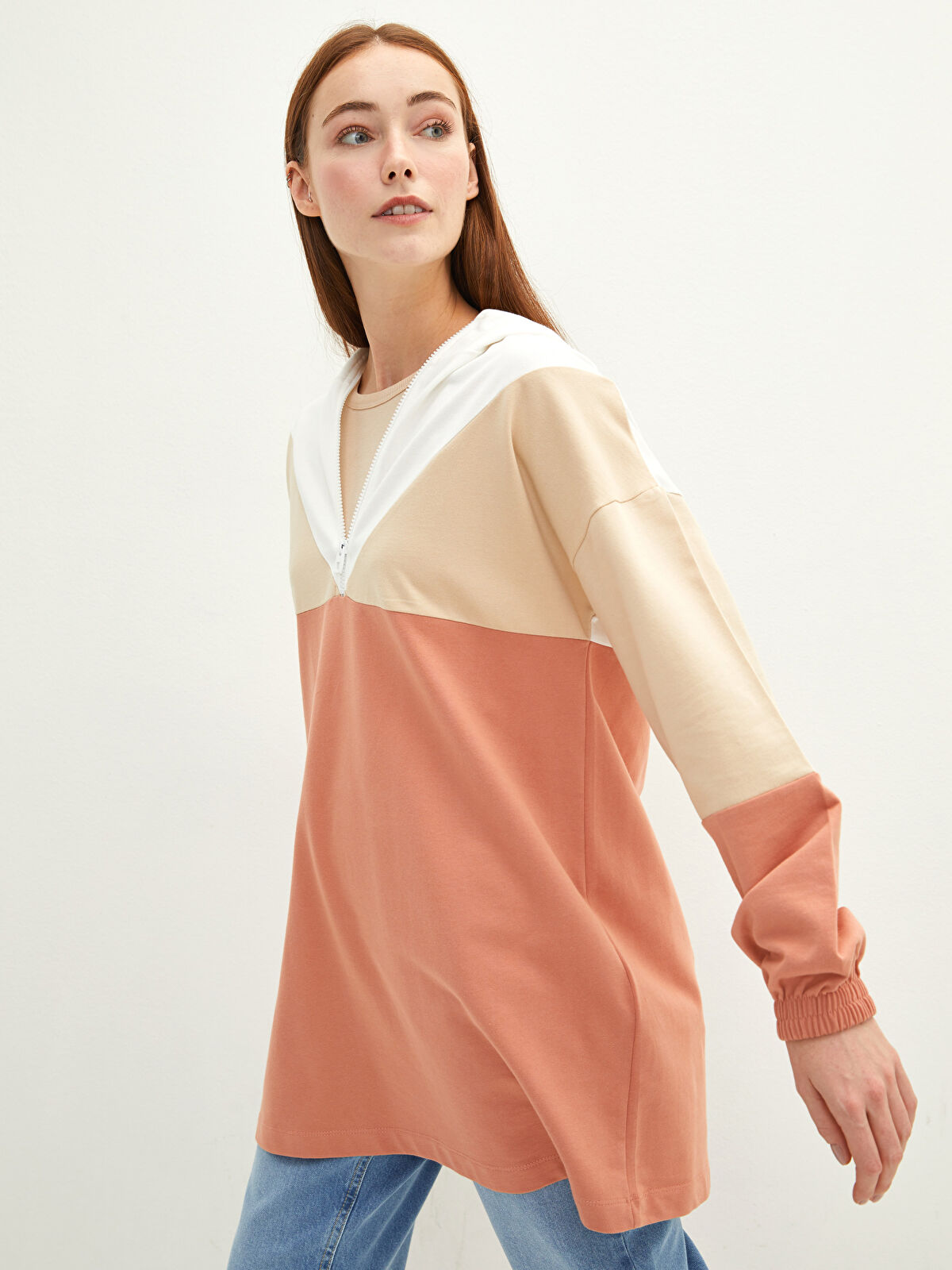 MODEST Kapüşon Yaka Renk Bloklu Uzun Kollu Pamuklu Kadın Tunik MODEST Kapüşon Yaka Renk Bloklu Uzun Kollu Pamuklu Kadın Tunik