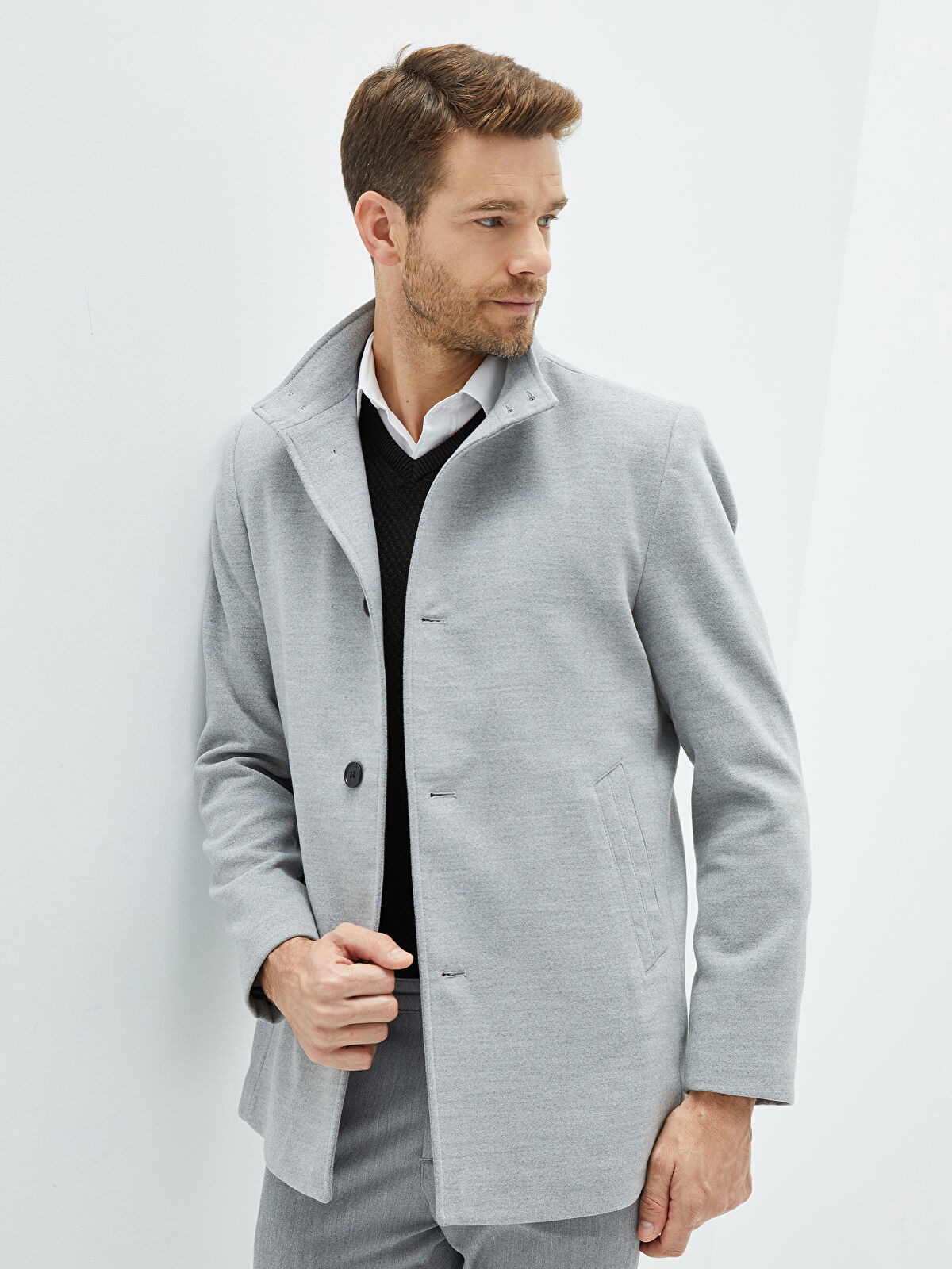 Standart Kalıp Dik Yaka Erkek Kaşe Kaban